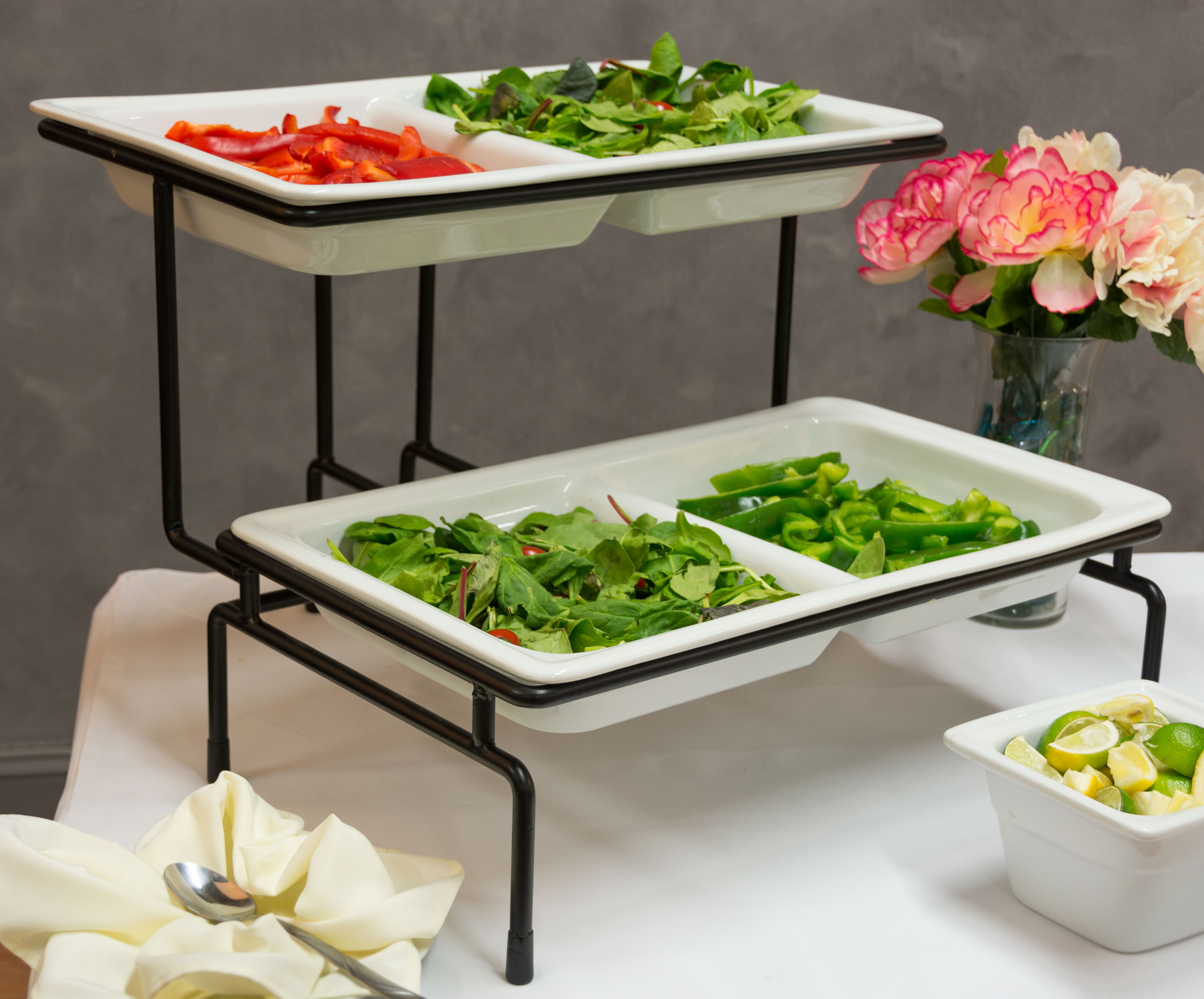 2 Tier Serving Tray | Buffet Stand with (2) Porcelain Platters ...