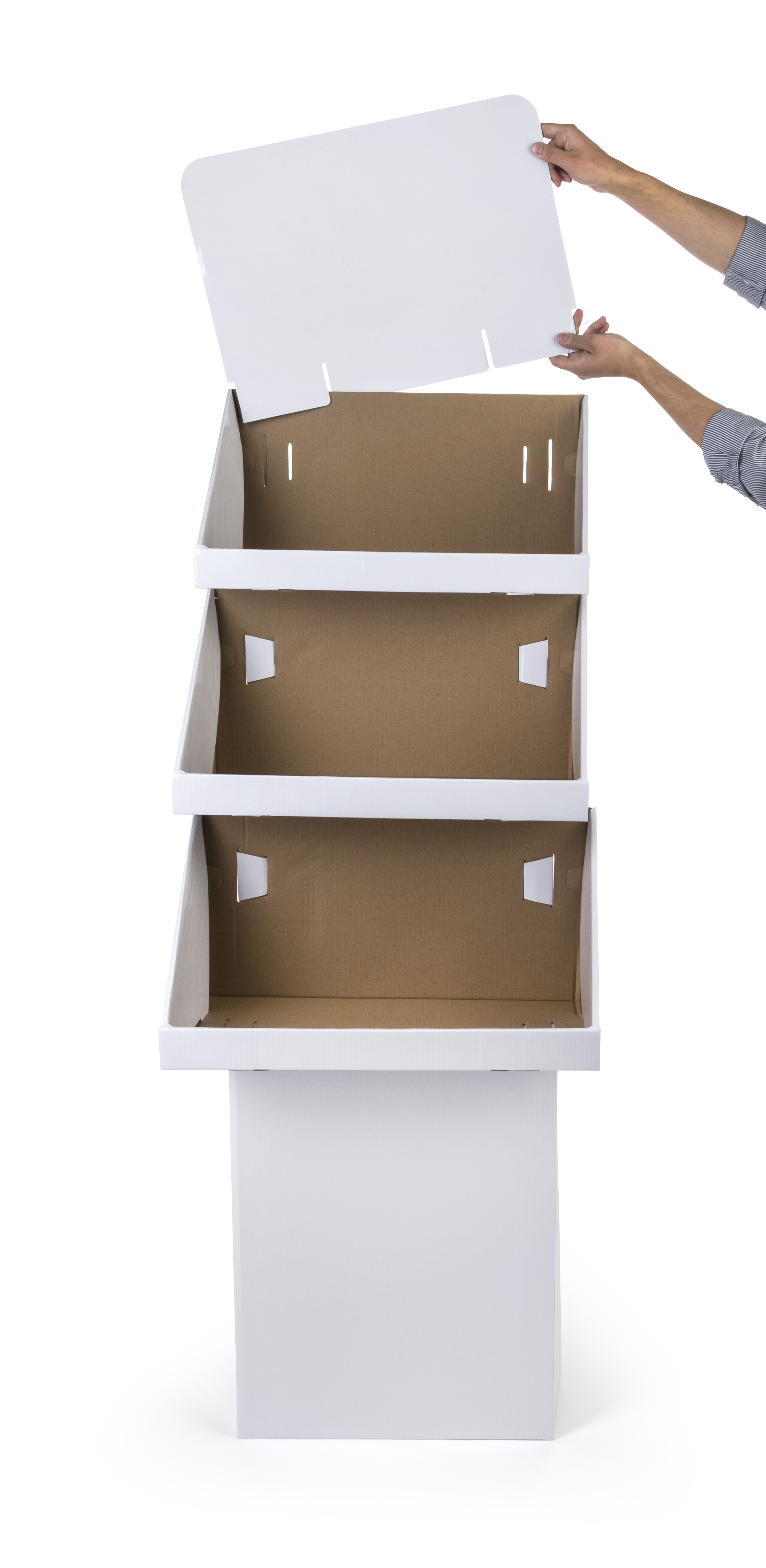 Bin Display | (3) Tier White Display With Custom Header Space | Displays2Go