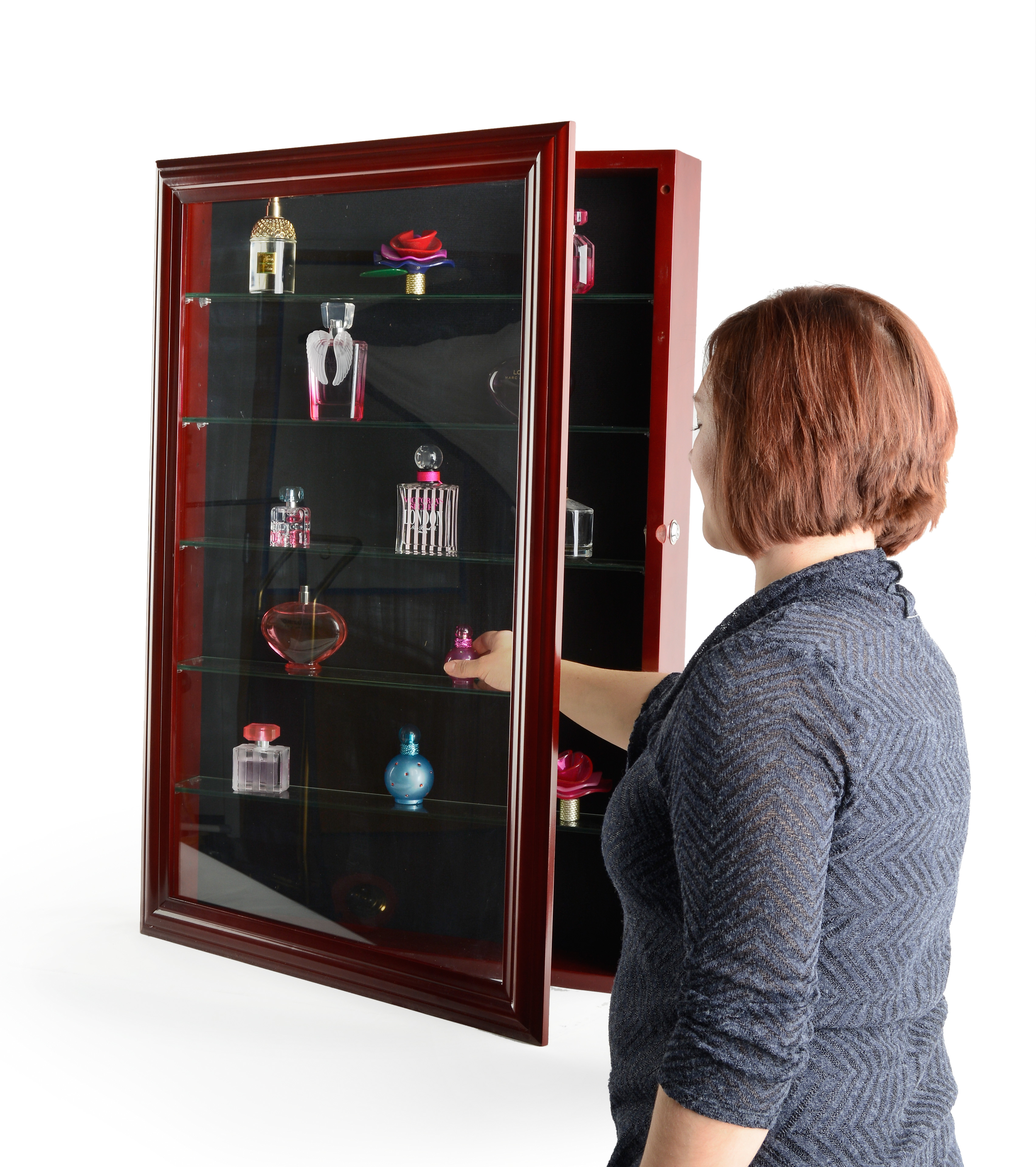 Modern Shadow Box | (5) Tempered Glass Shelves & Cherry Finish ...