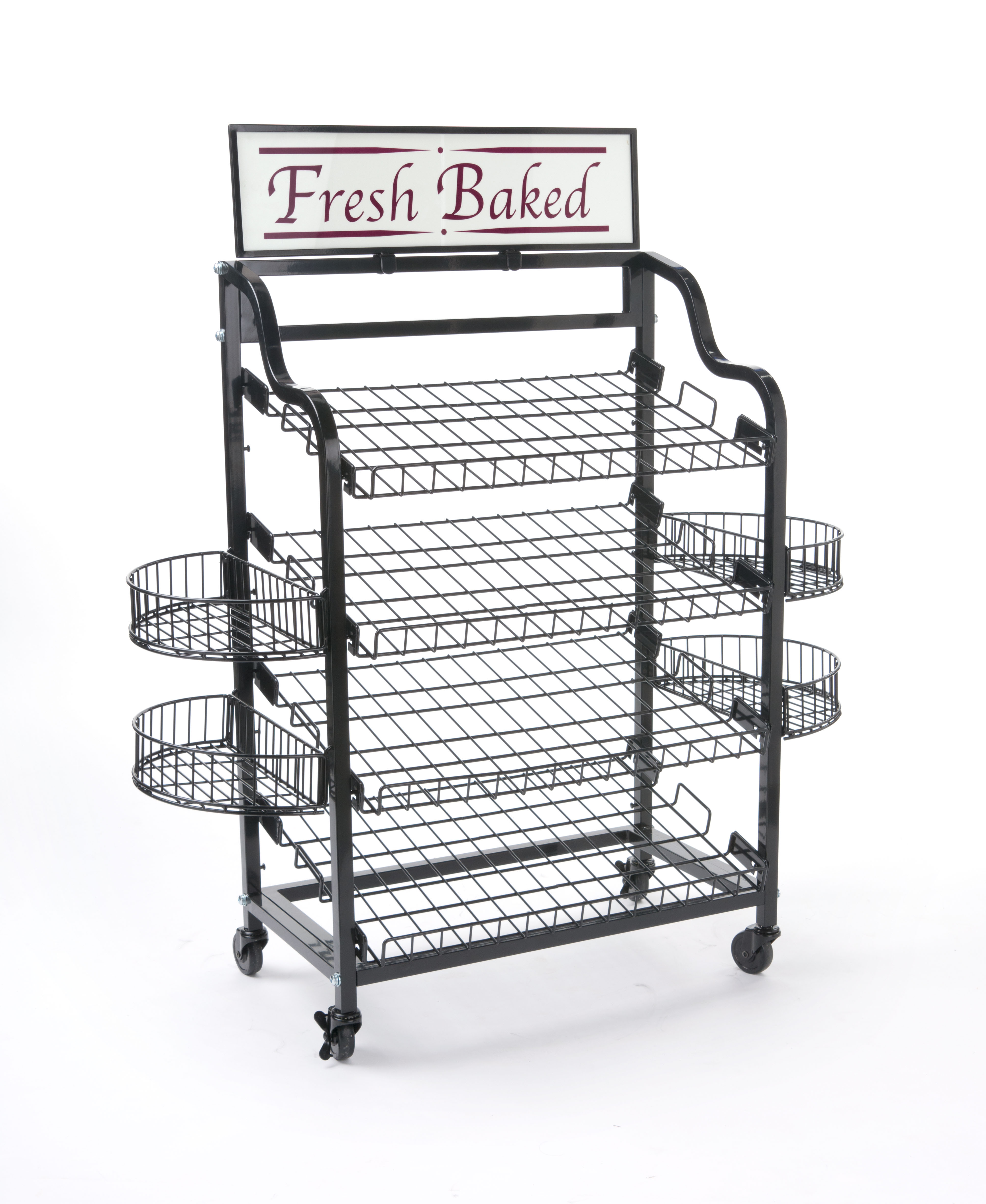 Black Mobile Bread Rack | (4) Side Shelf Attachments | Displays2Go