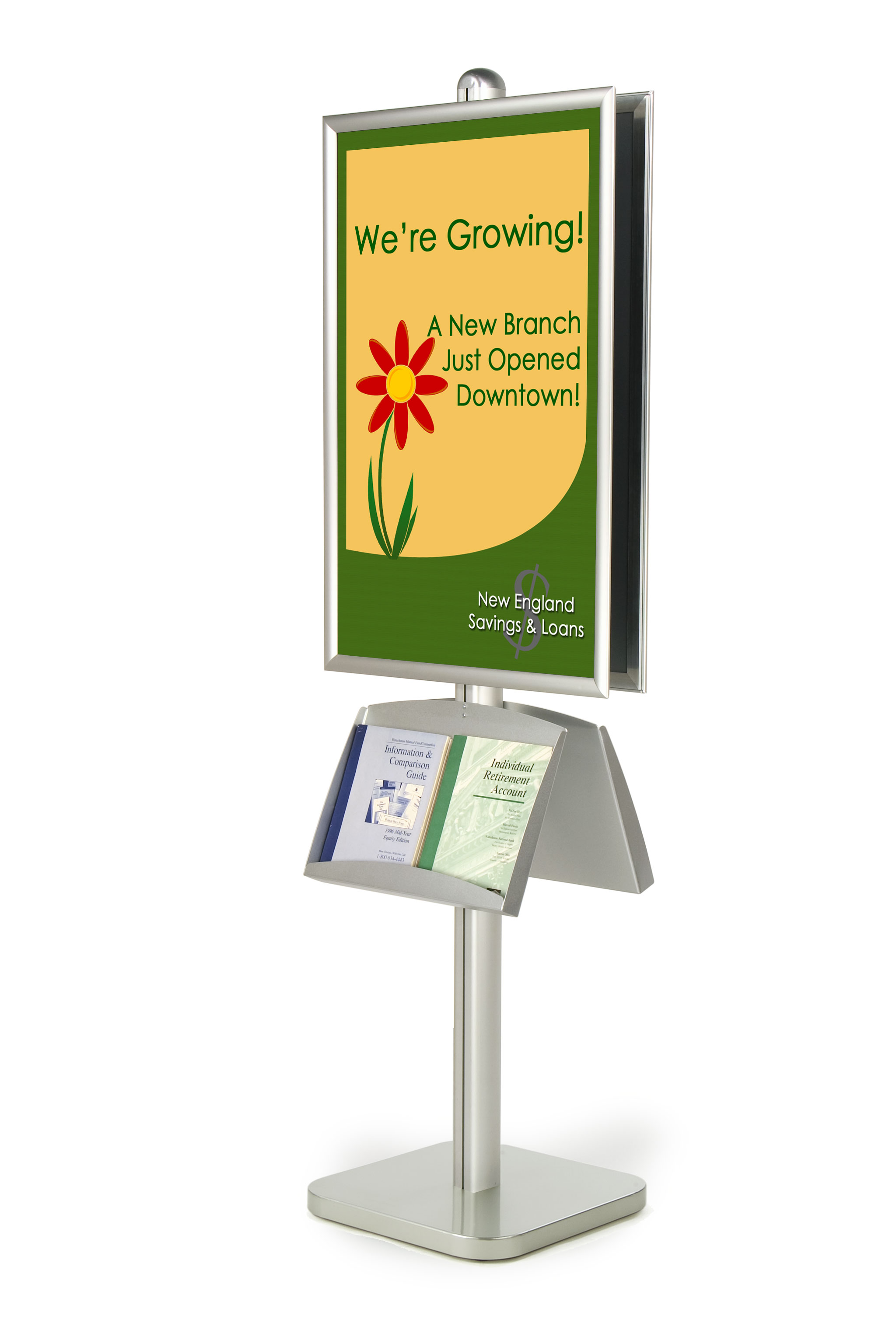 Silver Poster Display Stand | 24 x 36 Snap Open w/ 2 Trays | Displays2Go