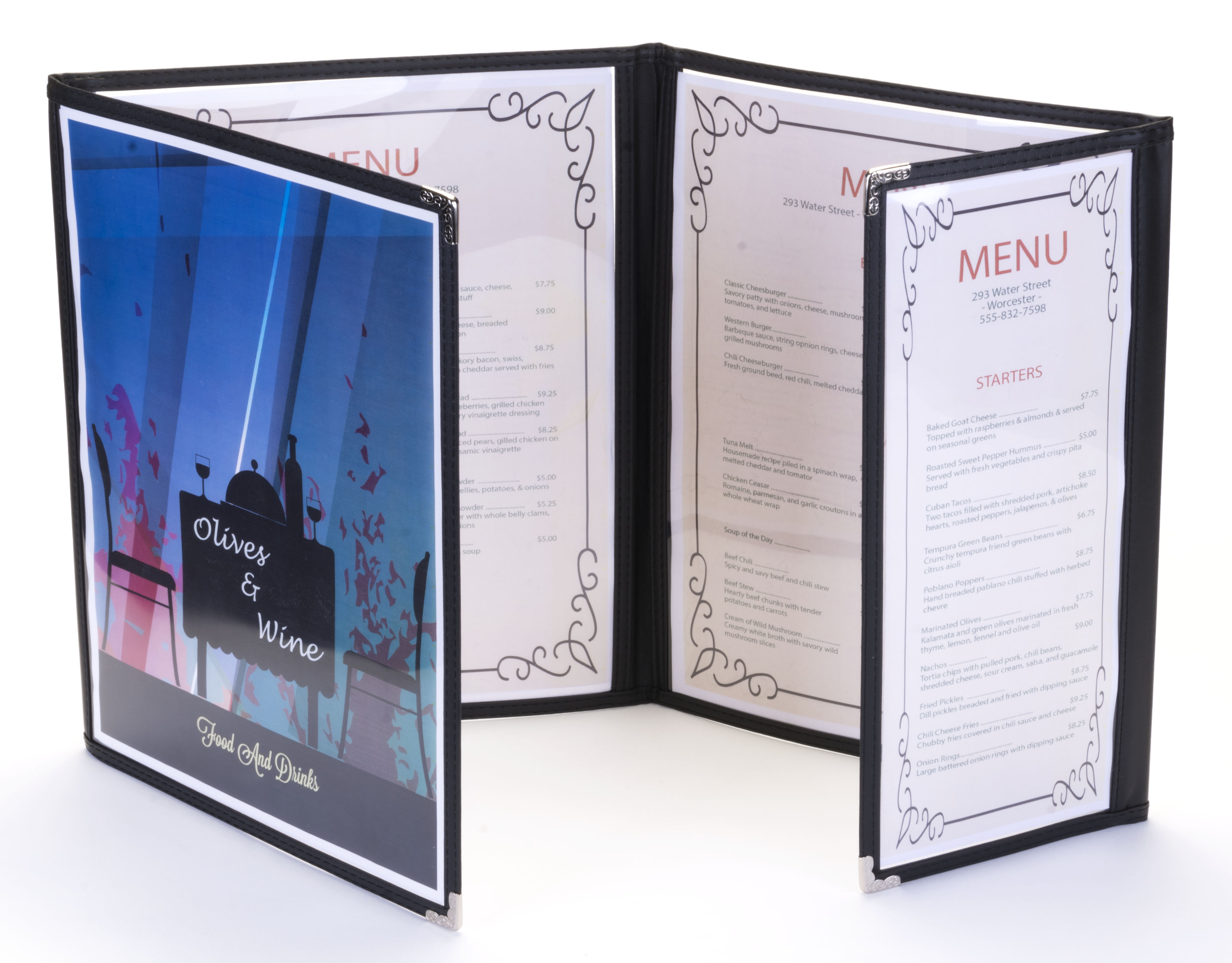 Black 4 Page Menu Cover | Double Sided Two Fold & Half Panel | Displays2Go