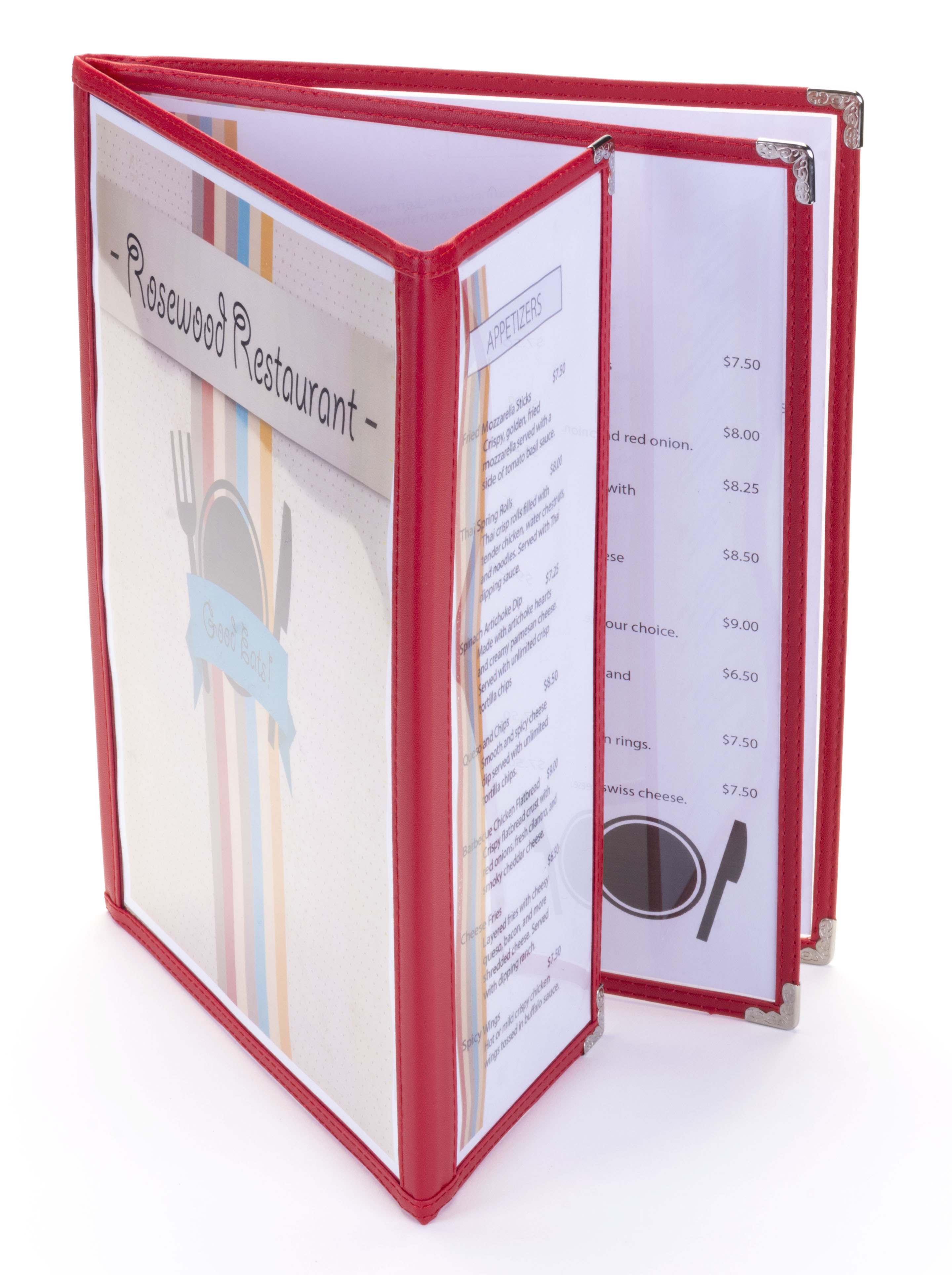 Red Booklet Menu Cover | Clear PVC Triple Page & Half Panel | Displays2Go