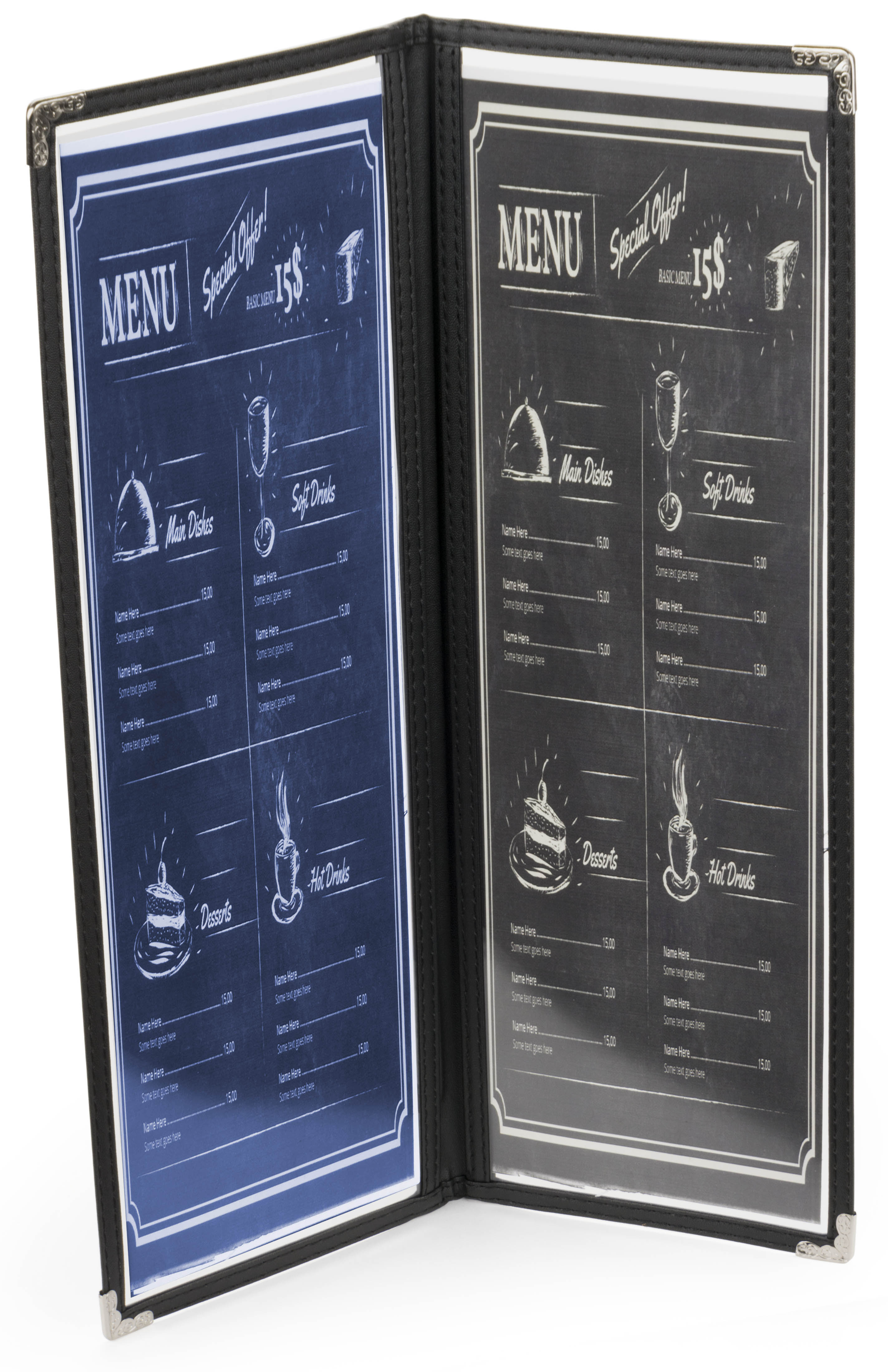 4.5” x 14” Menu Book | Silver Ornate Corner Protectors | Displays2Go