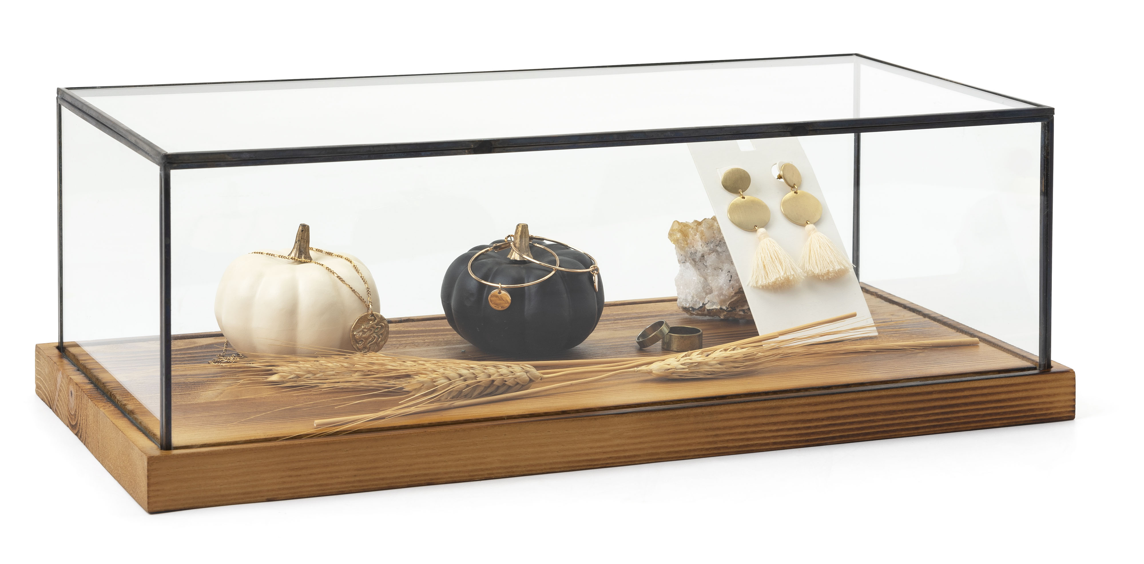 Wood Glass Tabletop Keepsake Display Case | Black Copper Piping ...