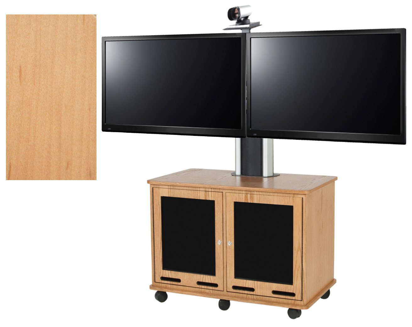 Honey Maple Veneer Dual Monitor Trolley | For Two 125 lbs Screens ...