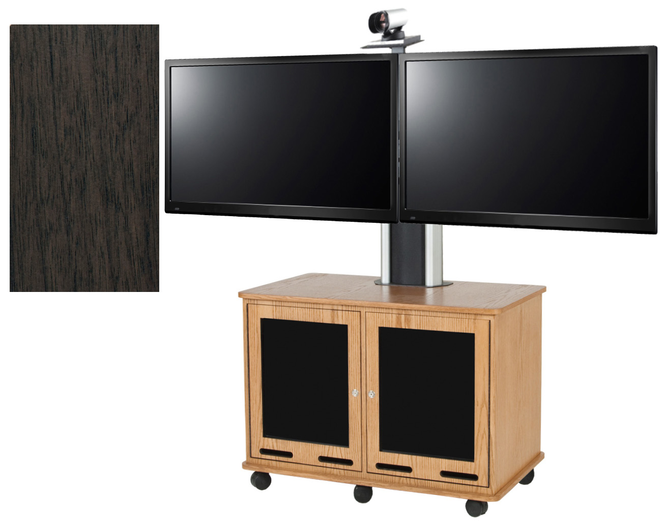 Heritage Walnut Veneer Dual Monitor Trolley | 6 Caster Wheels | Displays2Go