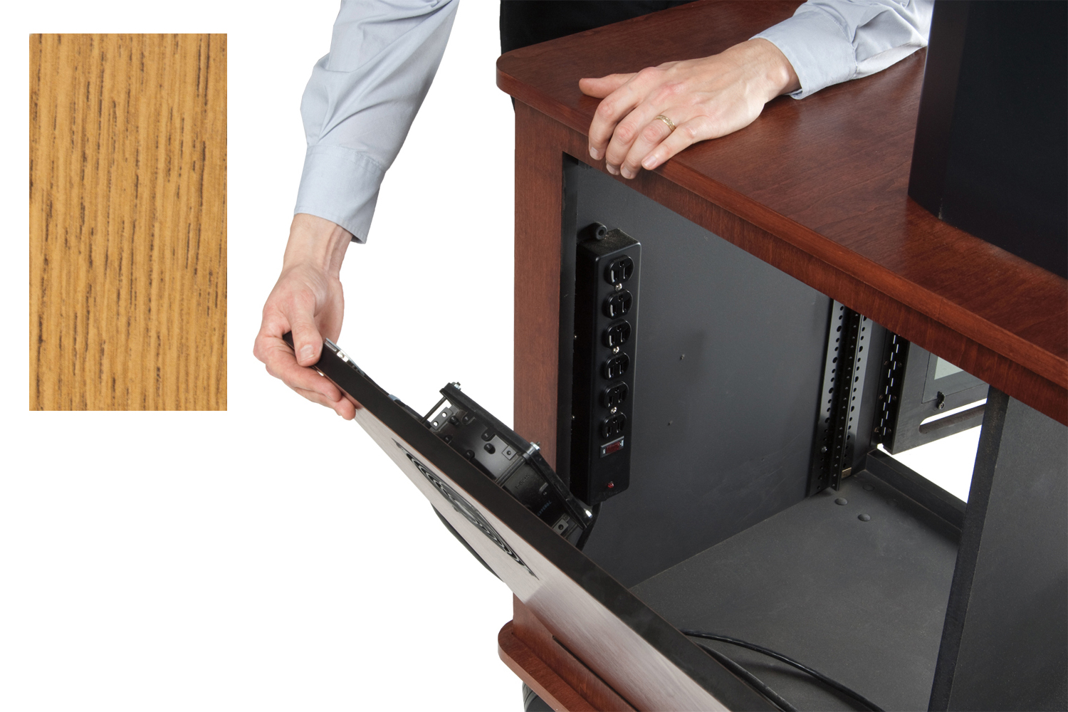 Light Oak Laminate Dual Monitor Trolley | 2 Built-In Power Strips ...