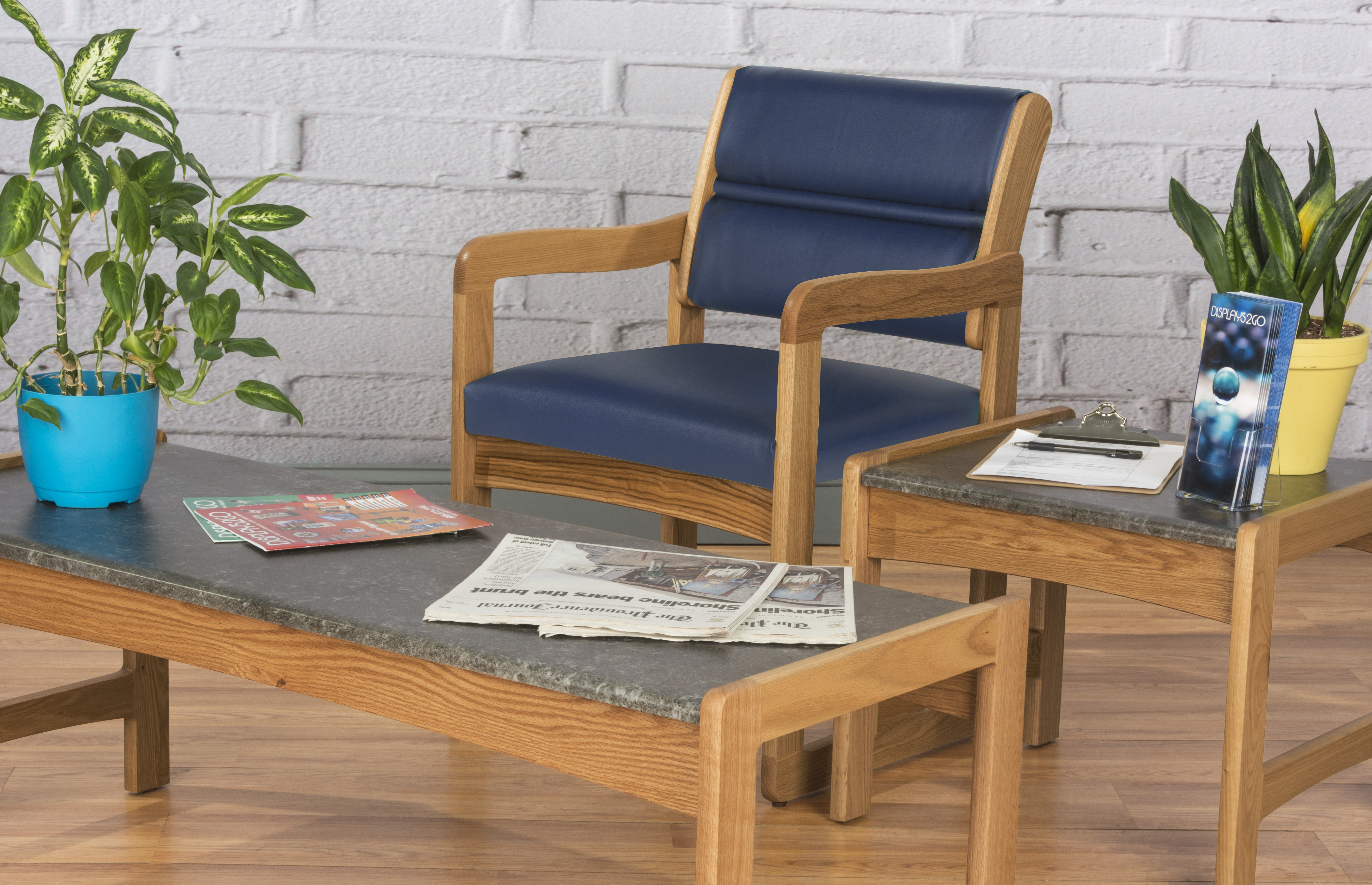 Blue Reception Room Chair | Wood with Vinyl Upholstery | Displays2Go