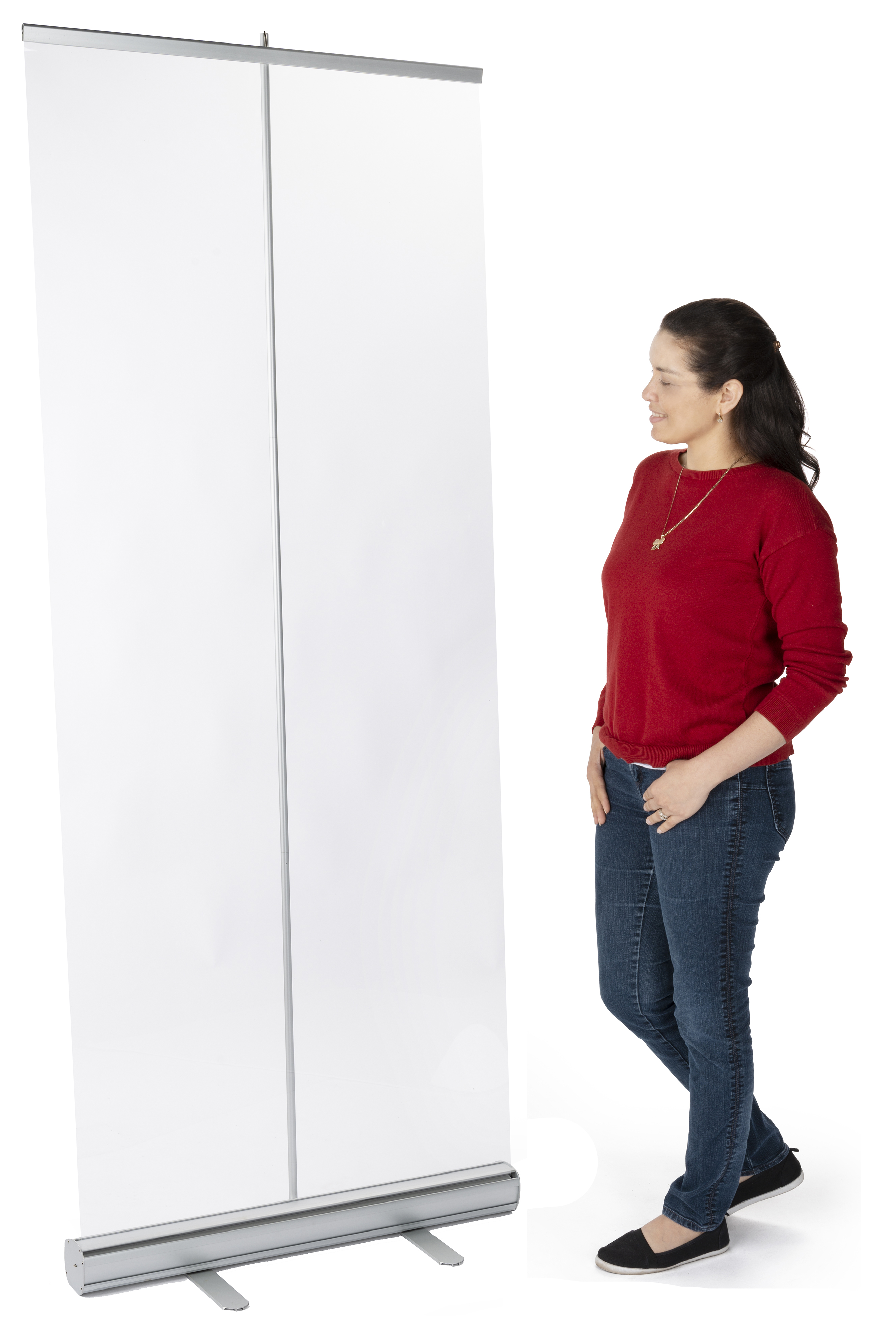 Clear Roll Up Partition Screen | Retractable Aluminum Stand | Displays2Go