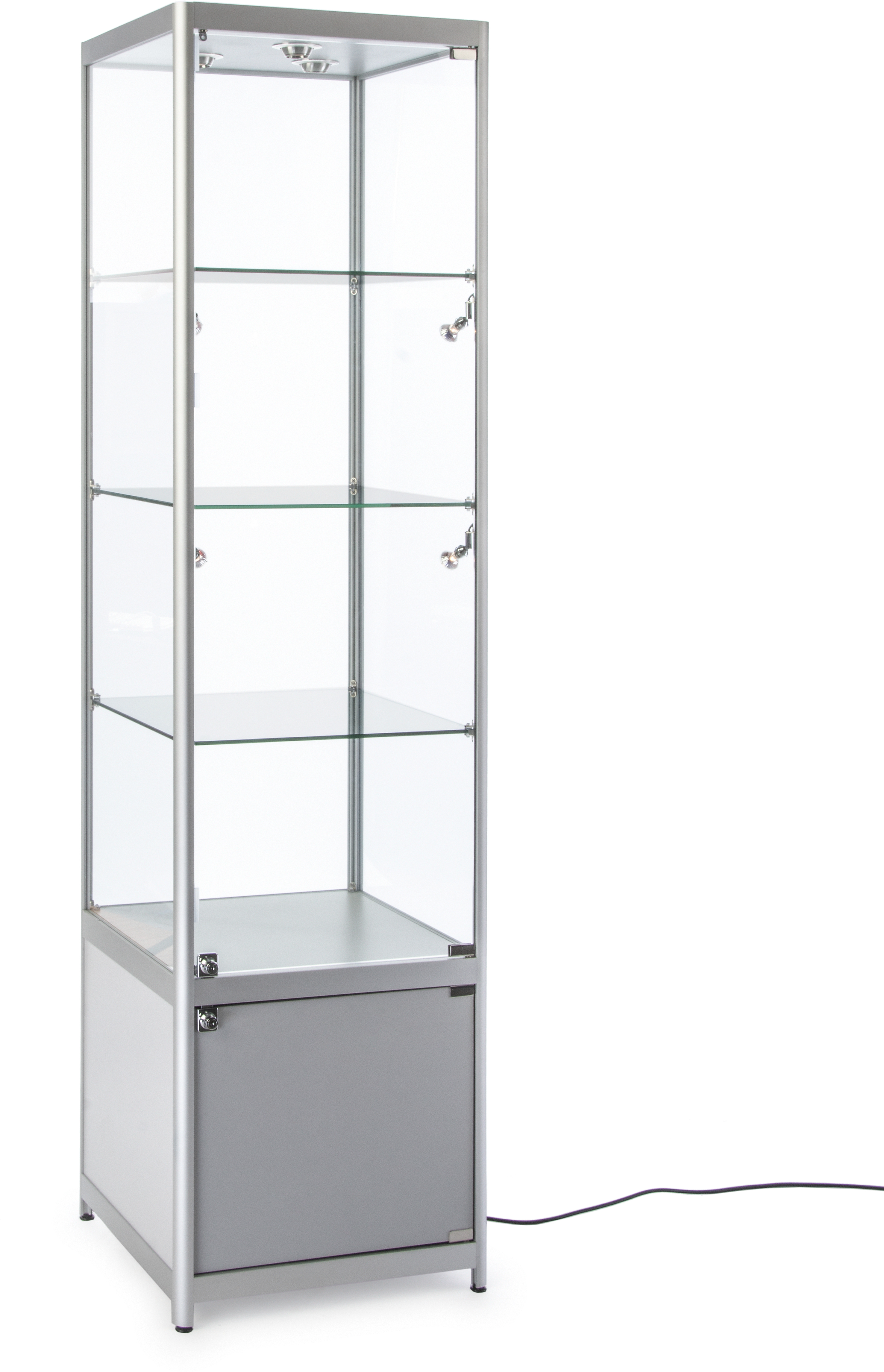 Lighted Silver Tower Display Case | (3) Glass Shelves | Displays2Go