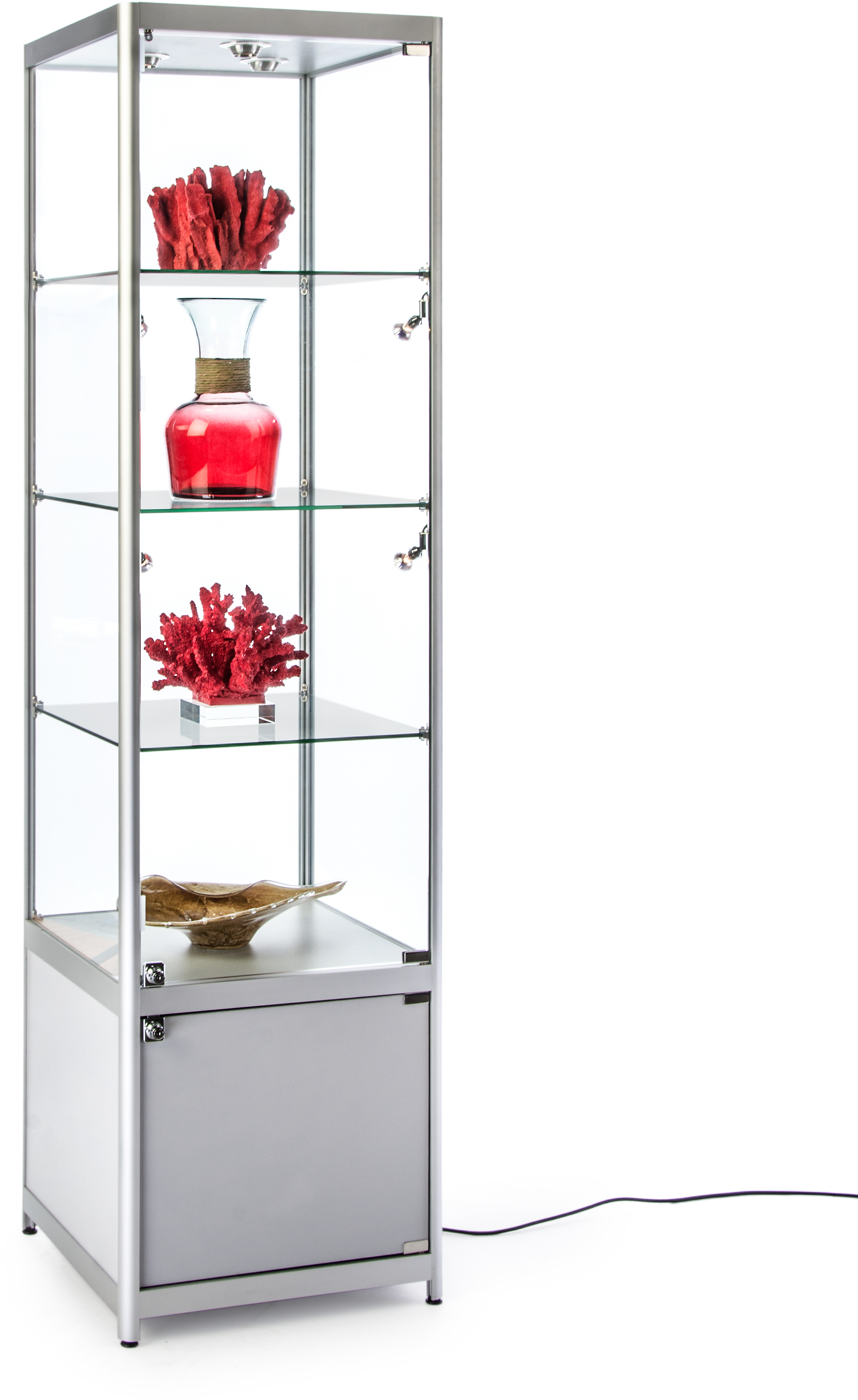 Lighted Silver Tower Display Case | (3) Glass Shelves | Displays2Go