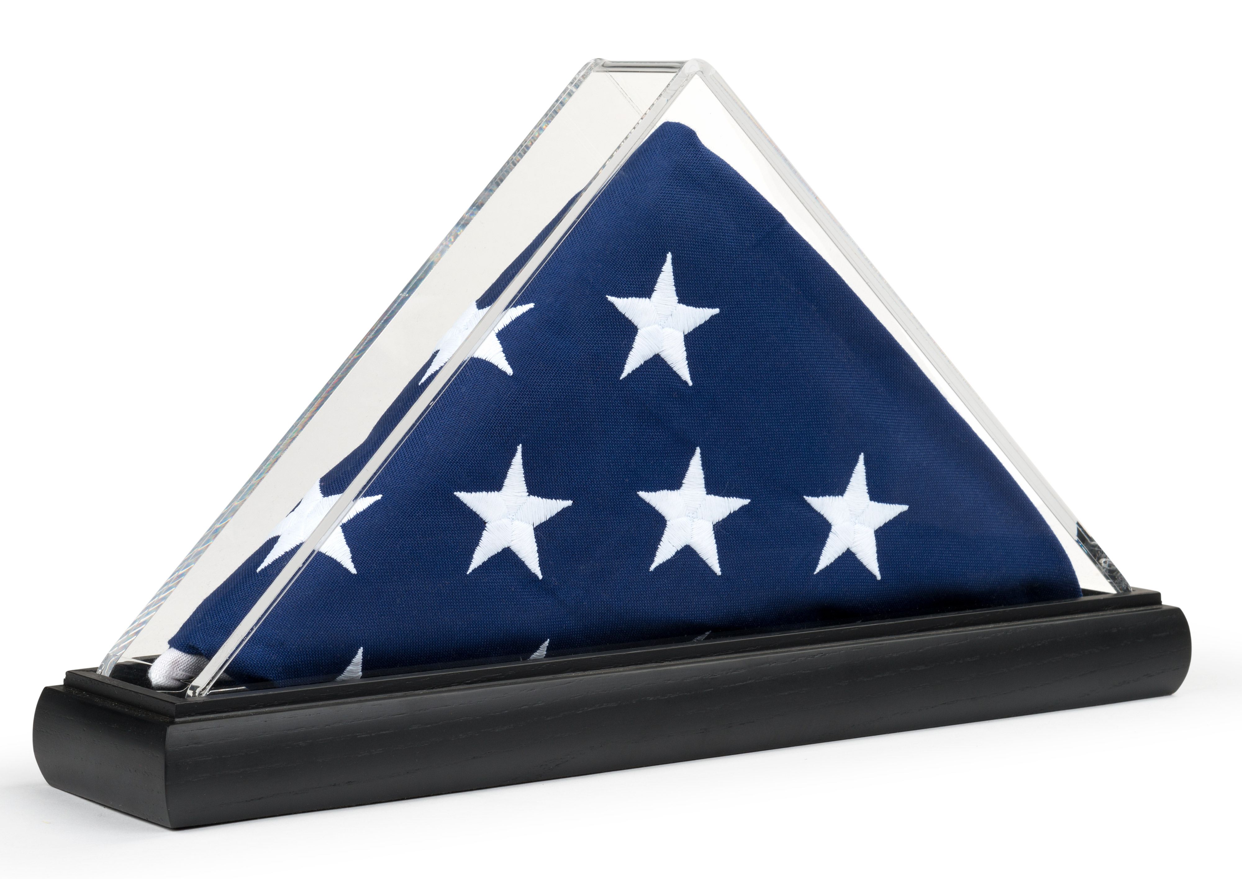 Clear Triangle Acrylic US Flag Box | Dark Solid Oak Base | Displays2Go