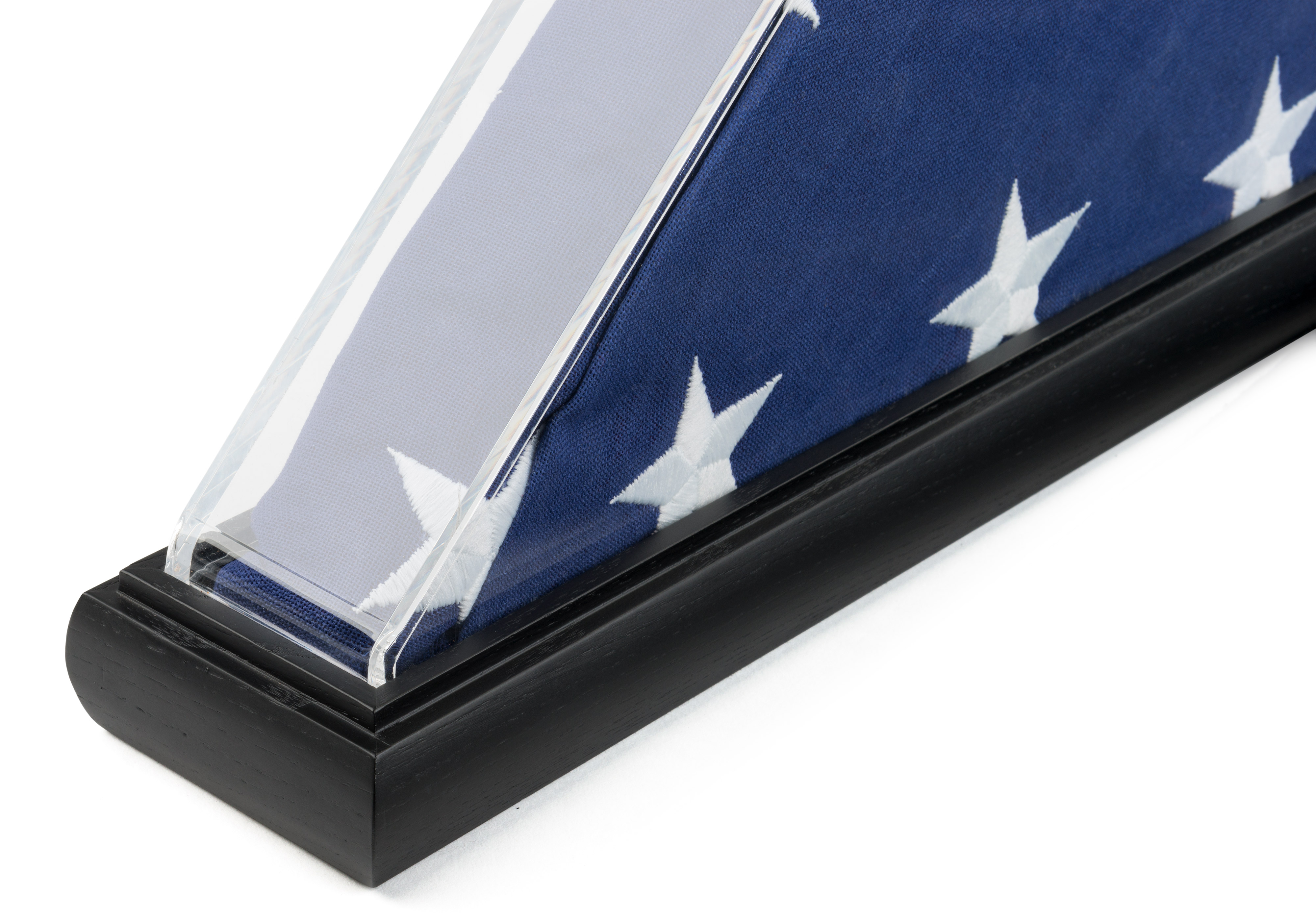 Clear Triangle Acrylic US Flag Box | Dark Solid Oak Base | Displays2Go