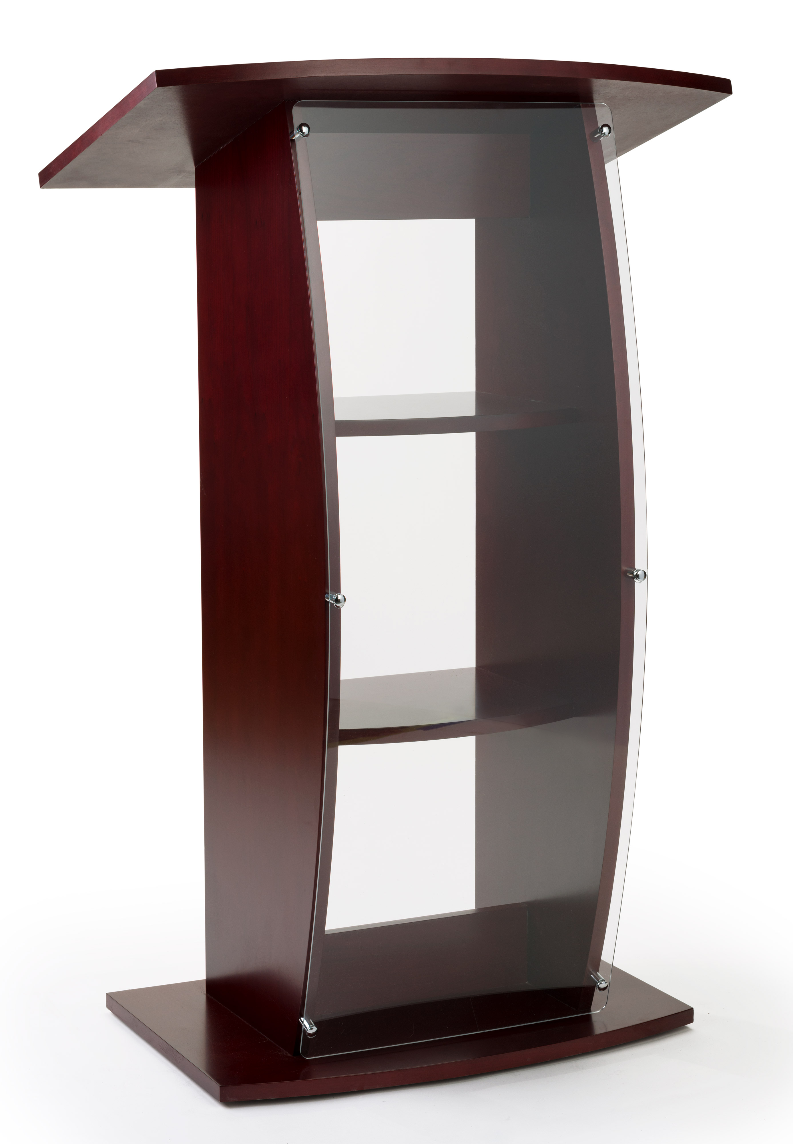 Curved Acrylic Mahogany Pulpit | Clear Front Panel | Displays2go