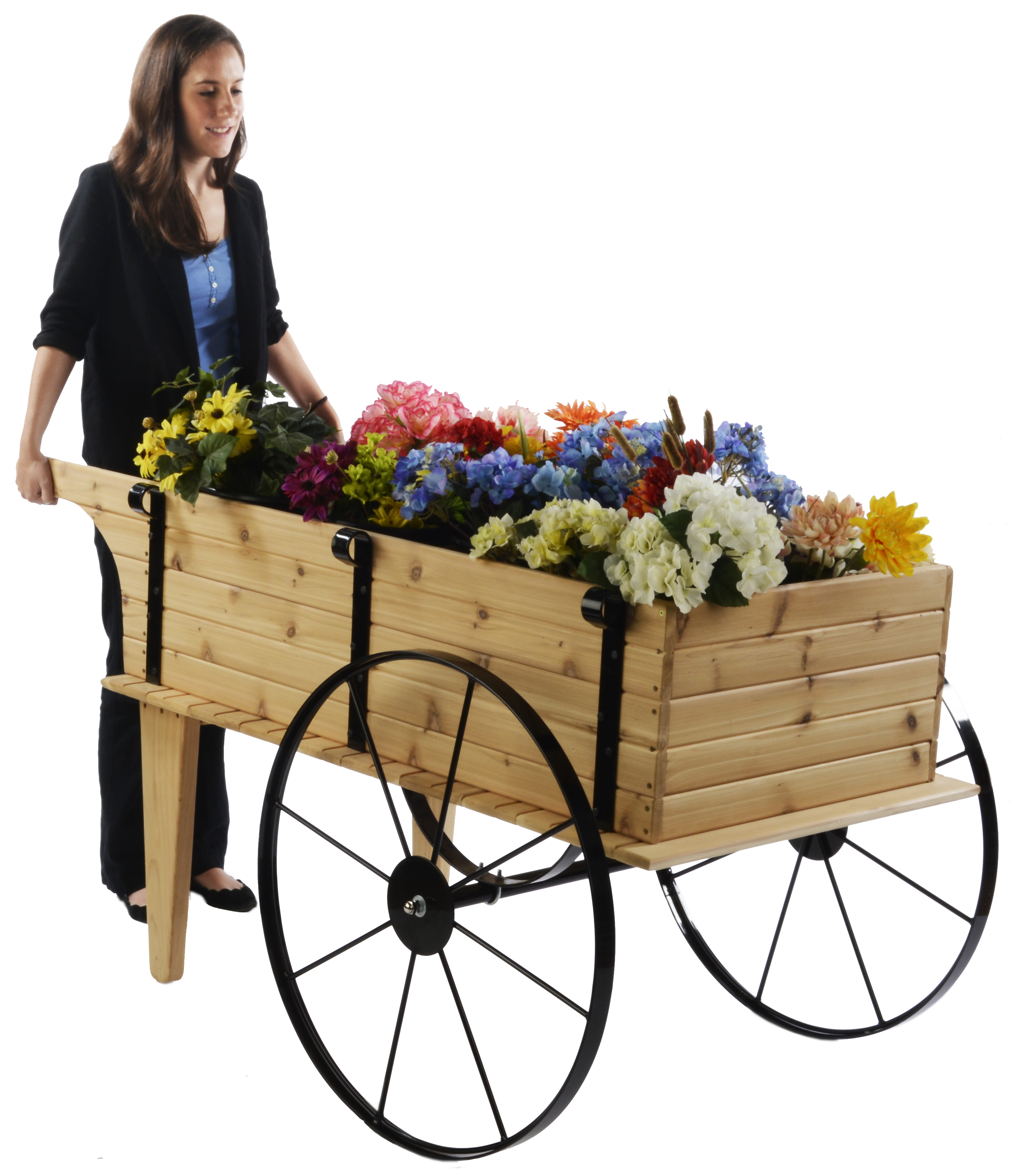 Wooden Flower Cart | Steel 30” Moveable Wheels | Displays2Go