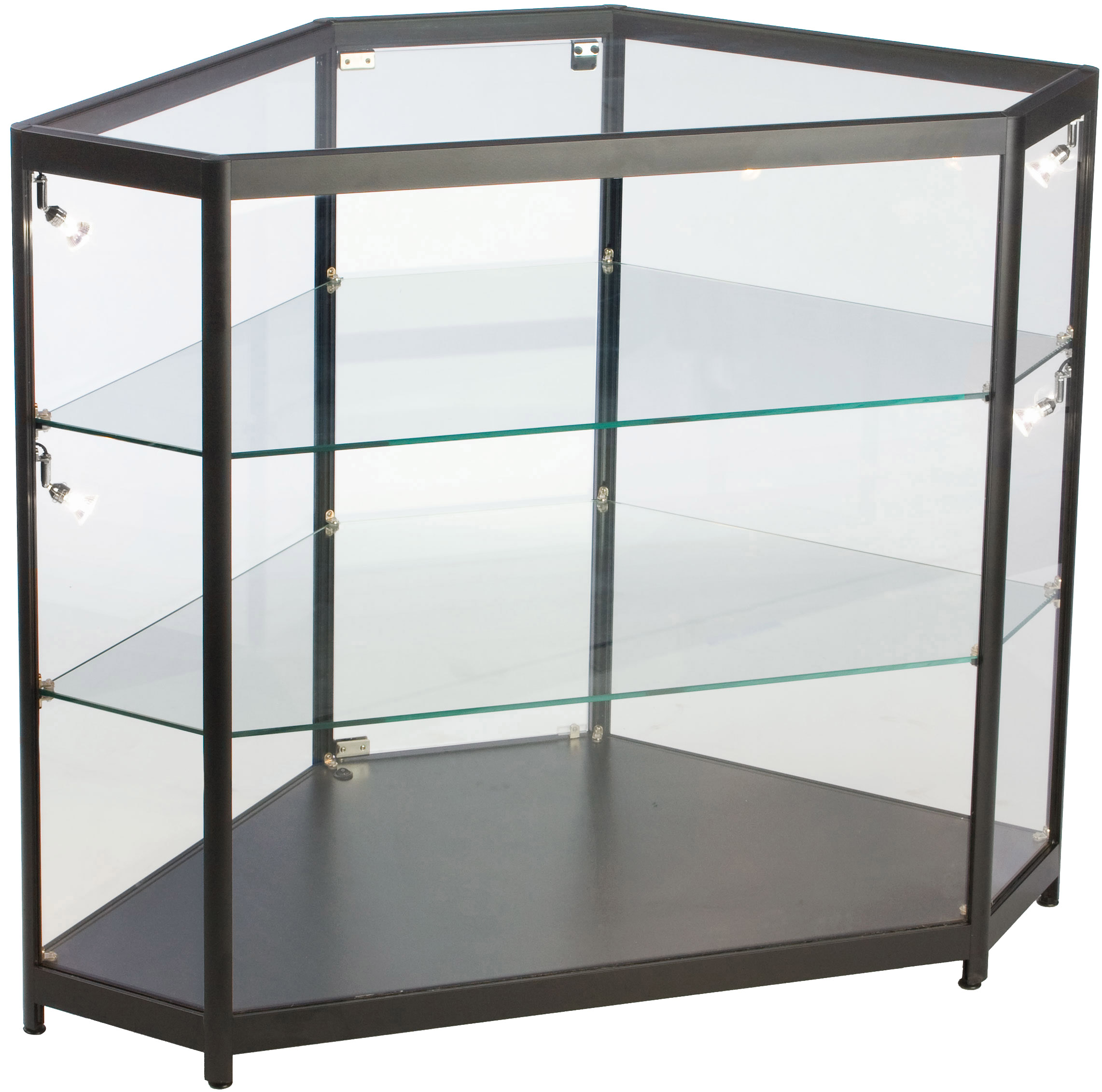 LED Glass Counter Corner | Hinged Door | Displays2Go