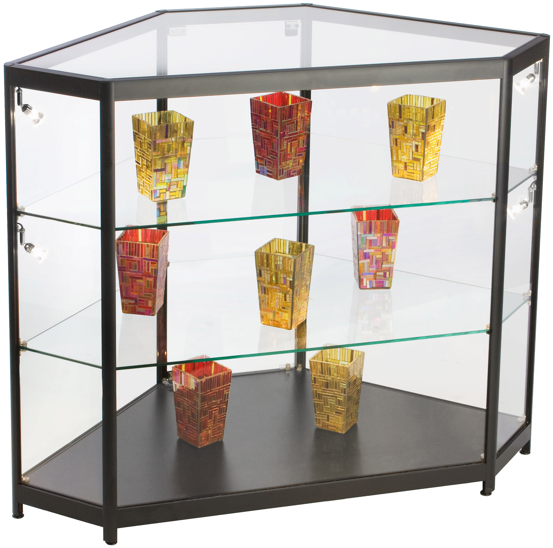 LED Glass Counter Corner | Hinged Door | Displays2Go