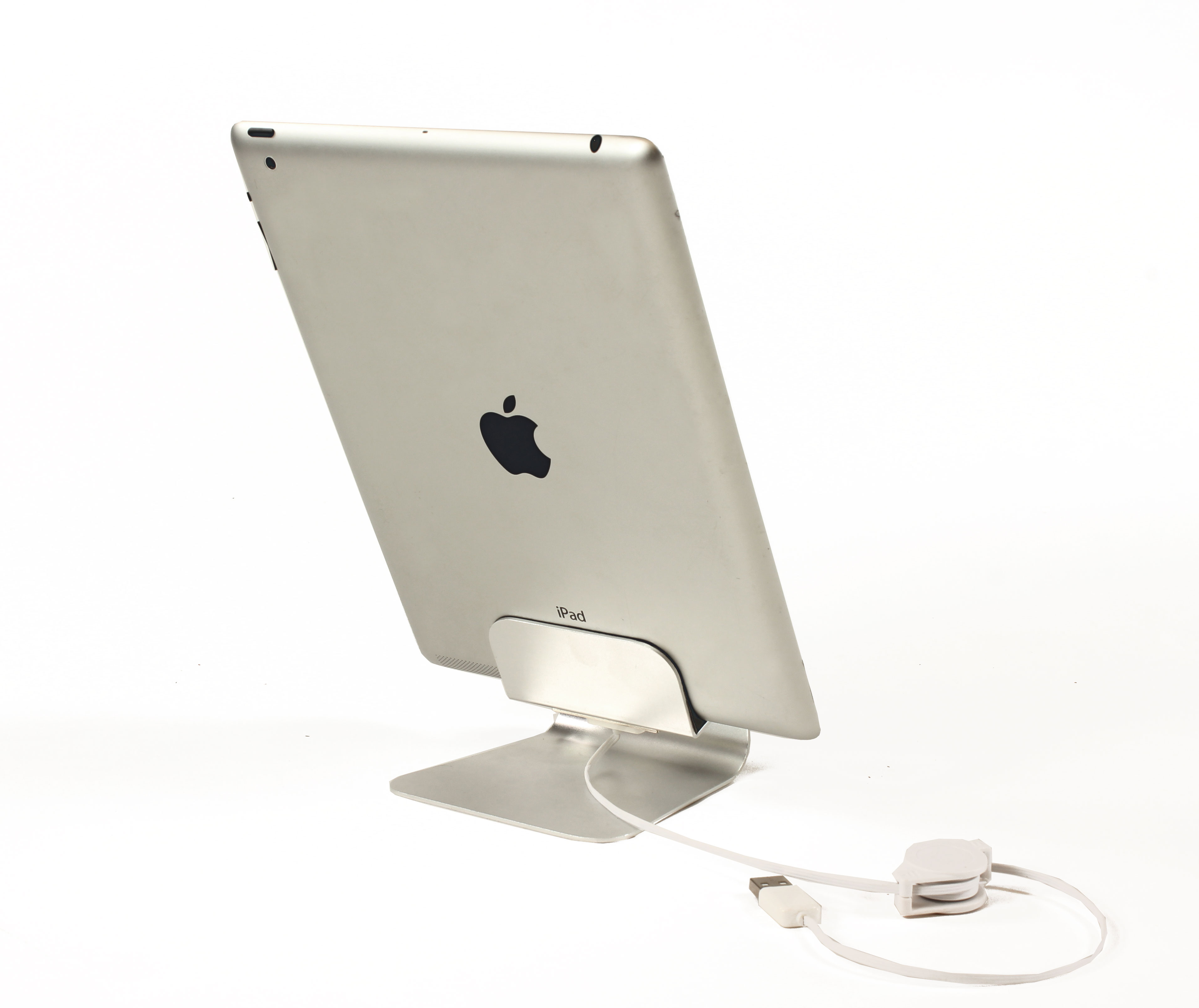 Charging iPad Stand | Pin Connector & Retractable USB Cord | Displays2Go
