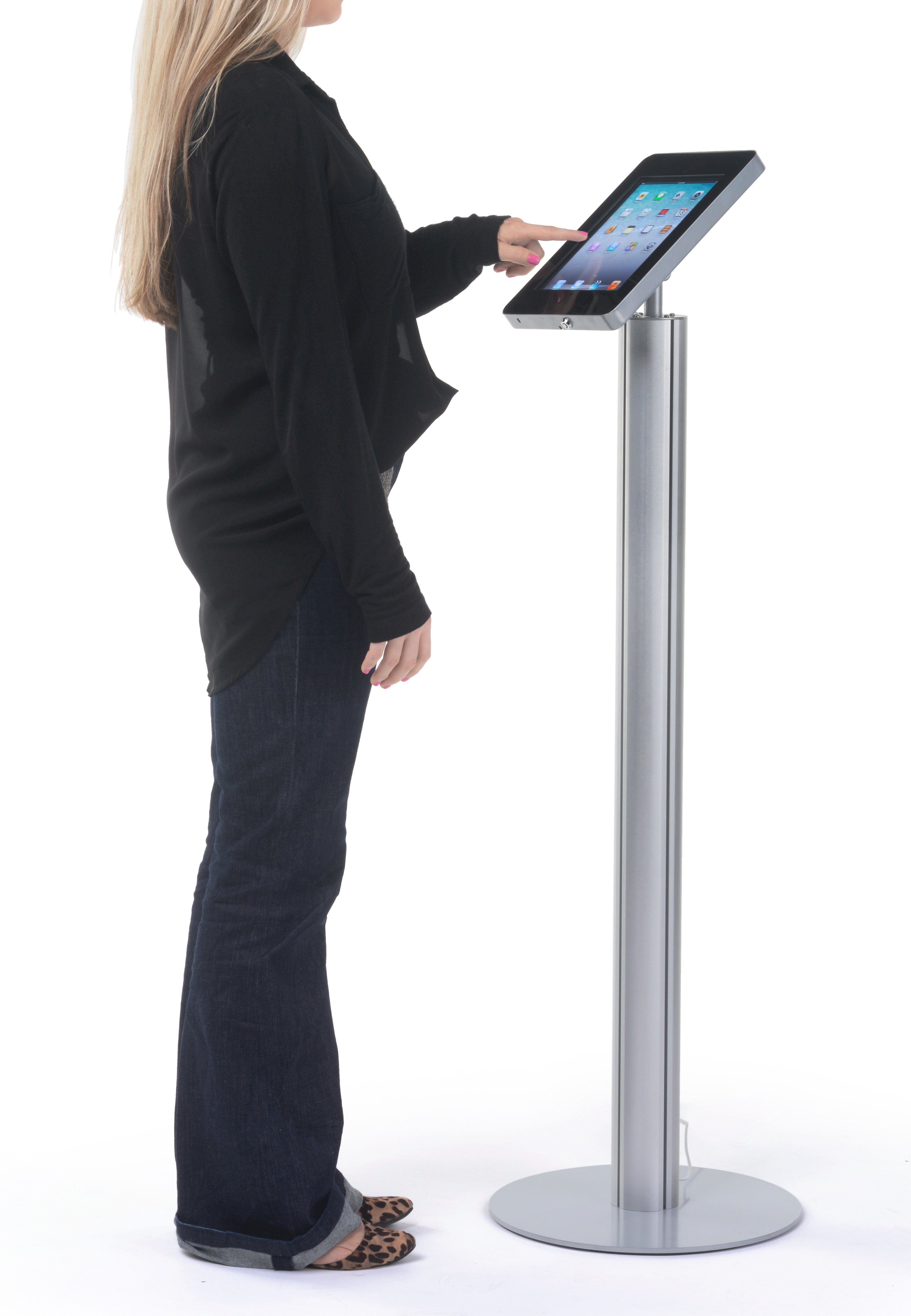 Silver iPad Kiosks | Round Base and Rotating Enclosure | Displays2Go