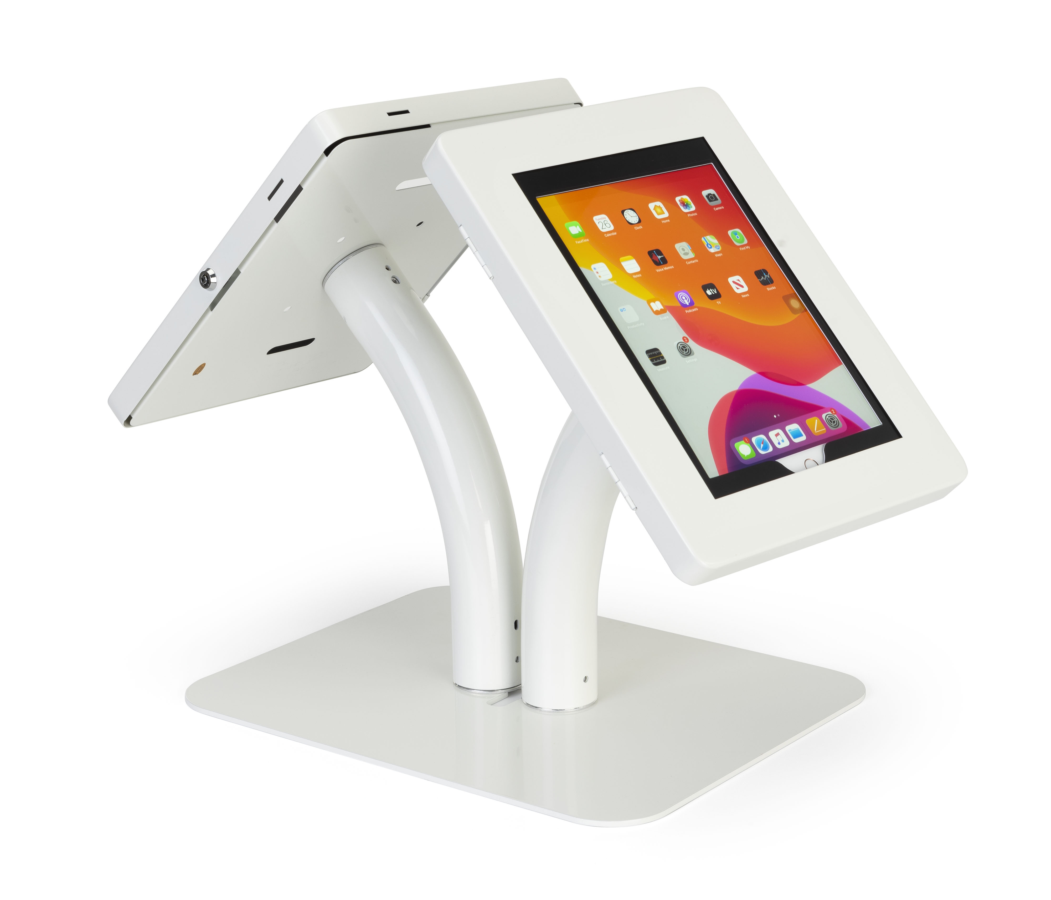 Floor to Counter Dual Sided Tablet Kiosk | Locking Enclosures | Displays2Go