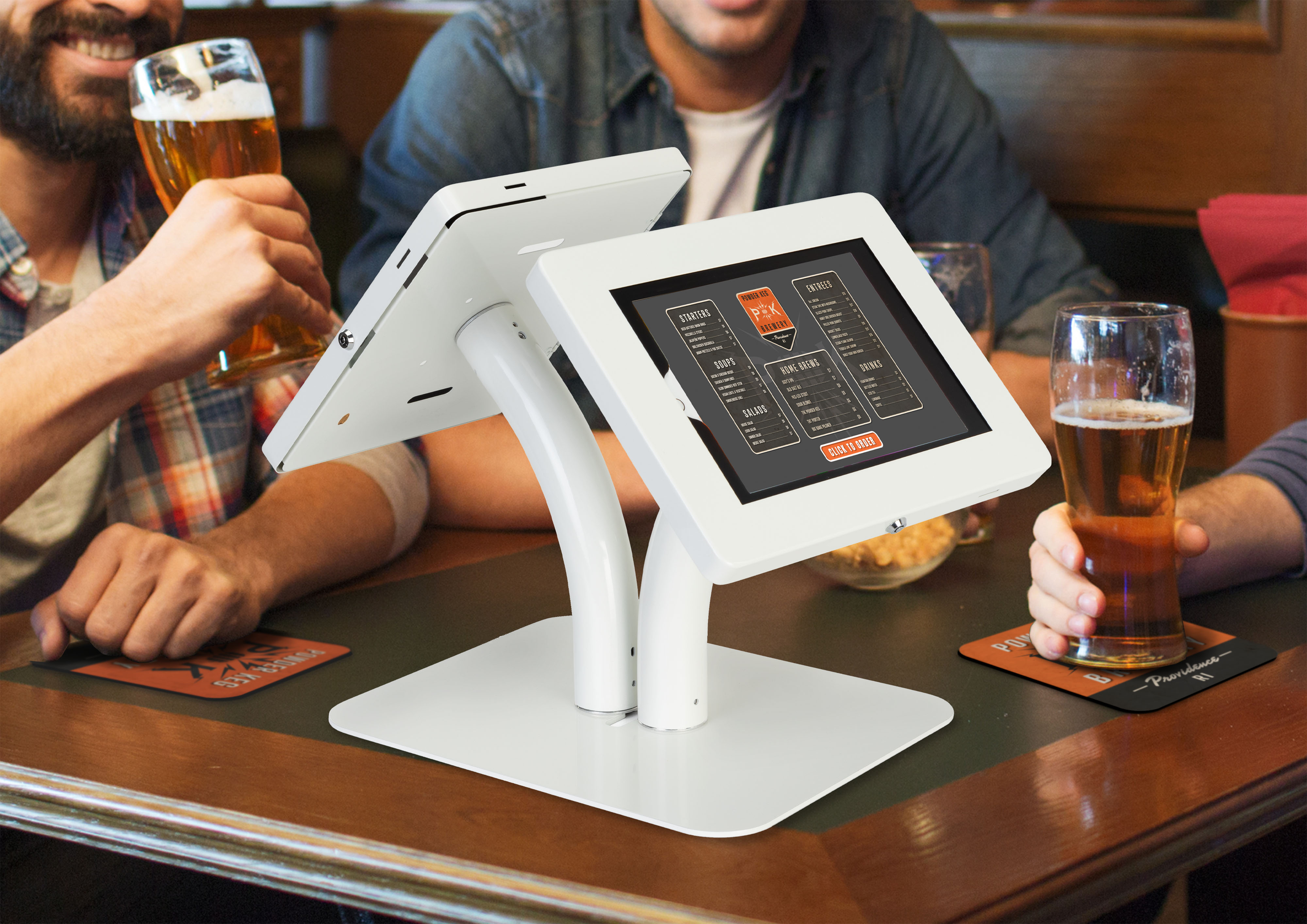 Floor to Counter Dual Sided Tablet Kiosk | Locking Enclosures | Displays2Go