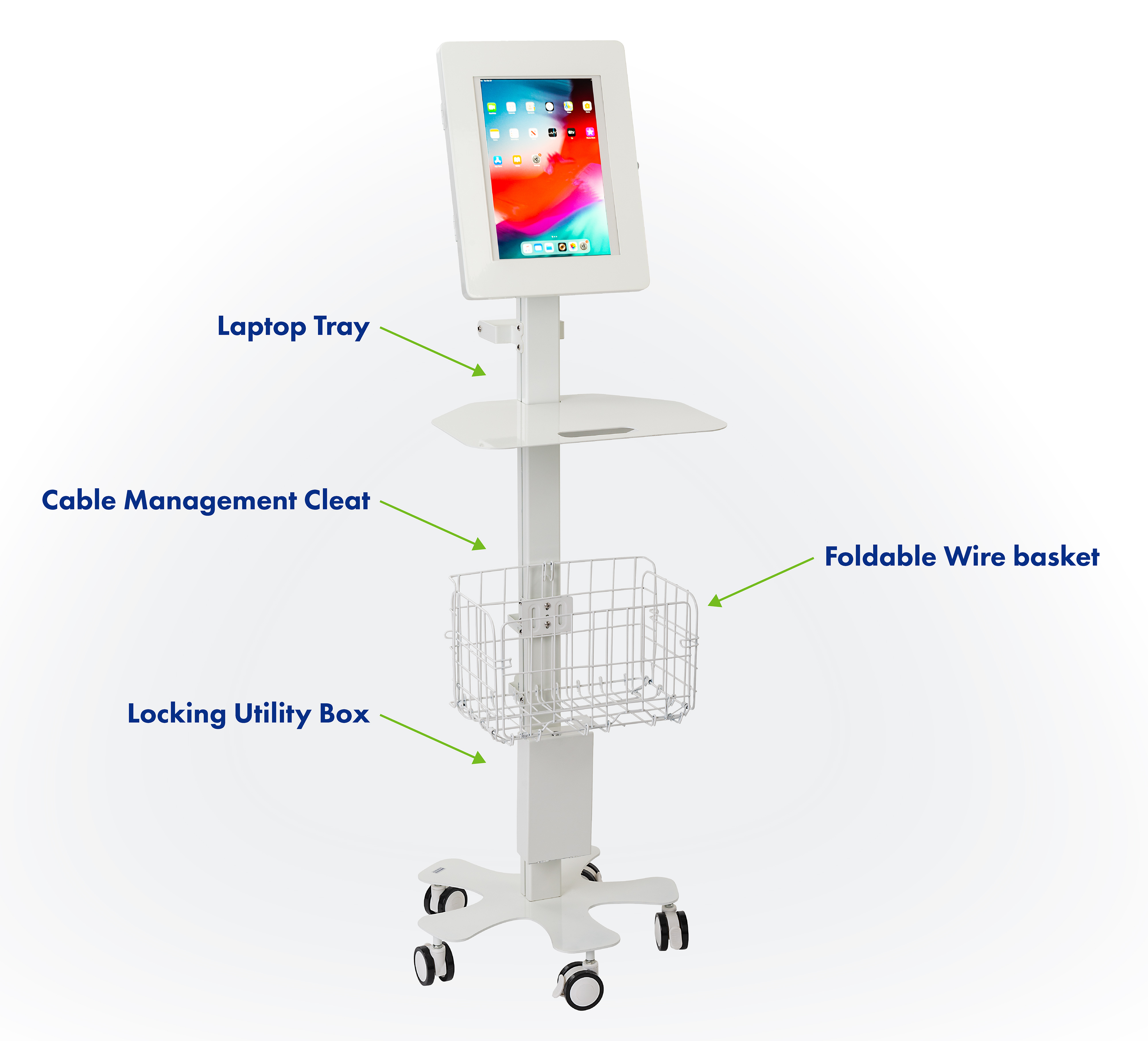 Tablet Mount Medical Rolling Cart | 5 Heavy Duty Locking Caster ...
