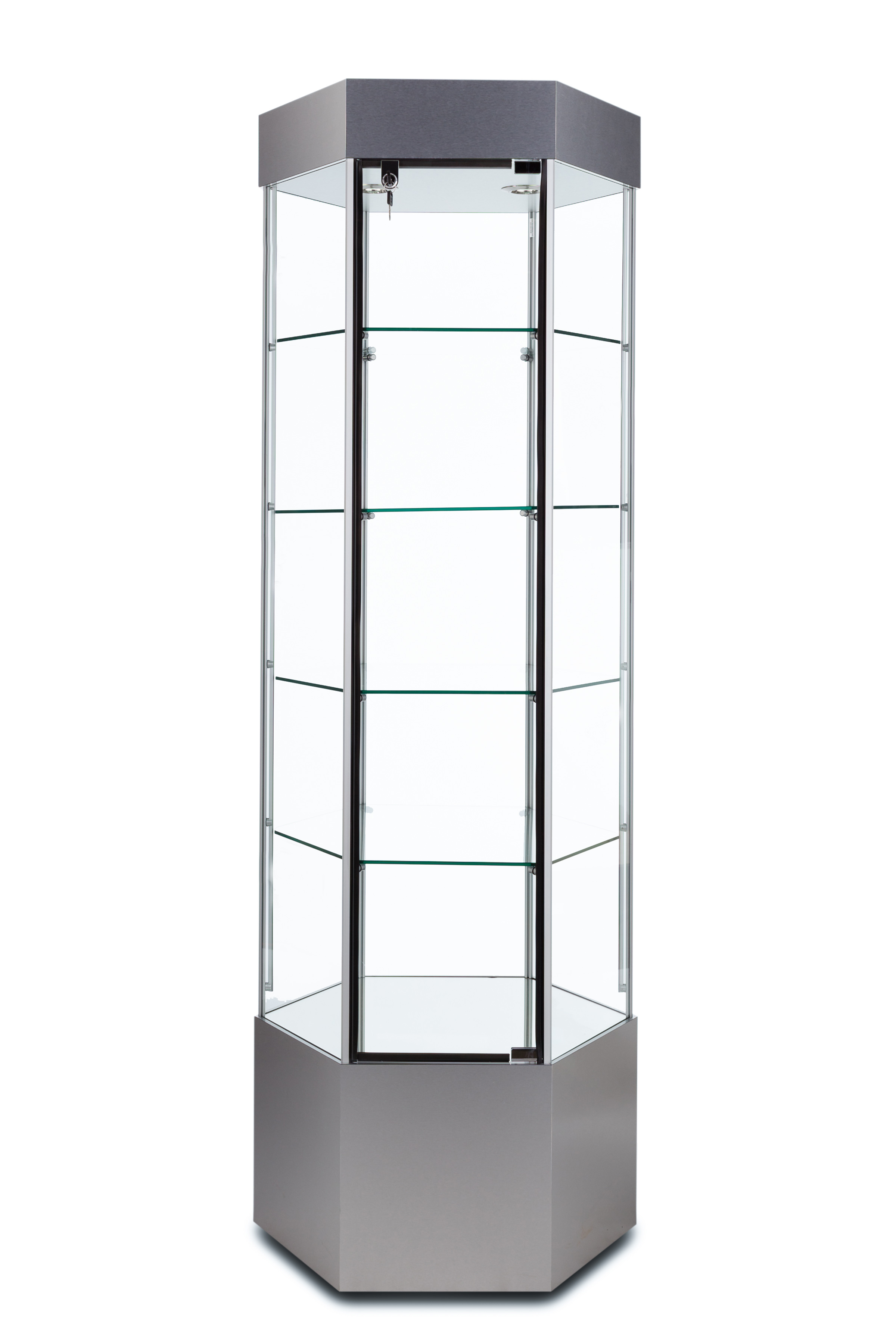 Hexagonal Display Case | Silver with Top Lighting | Displays2Go