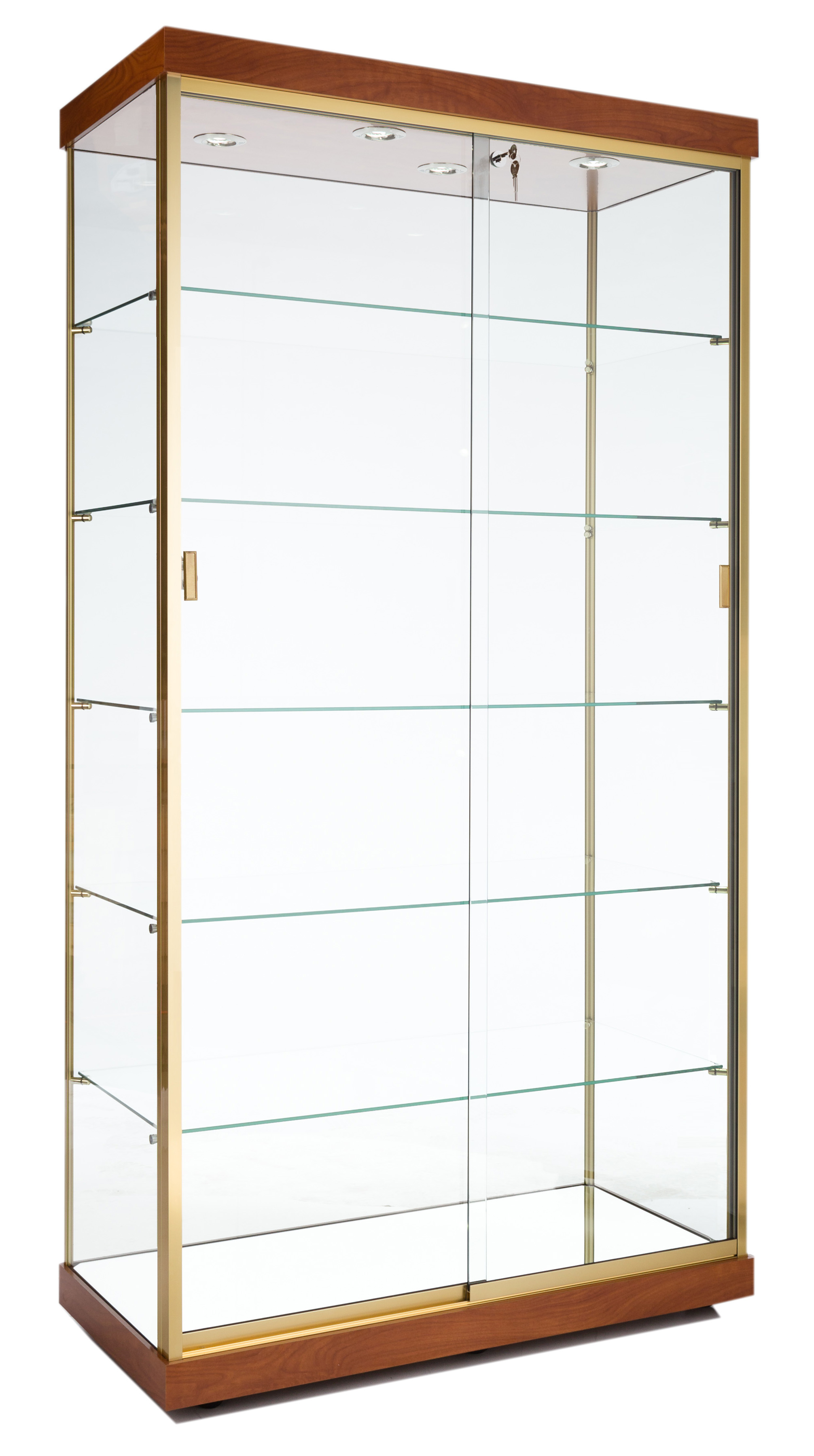 Cherry Finished Glass Showcase | Full View, Overhead Lighting | Displays2Go