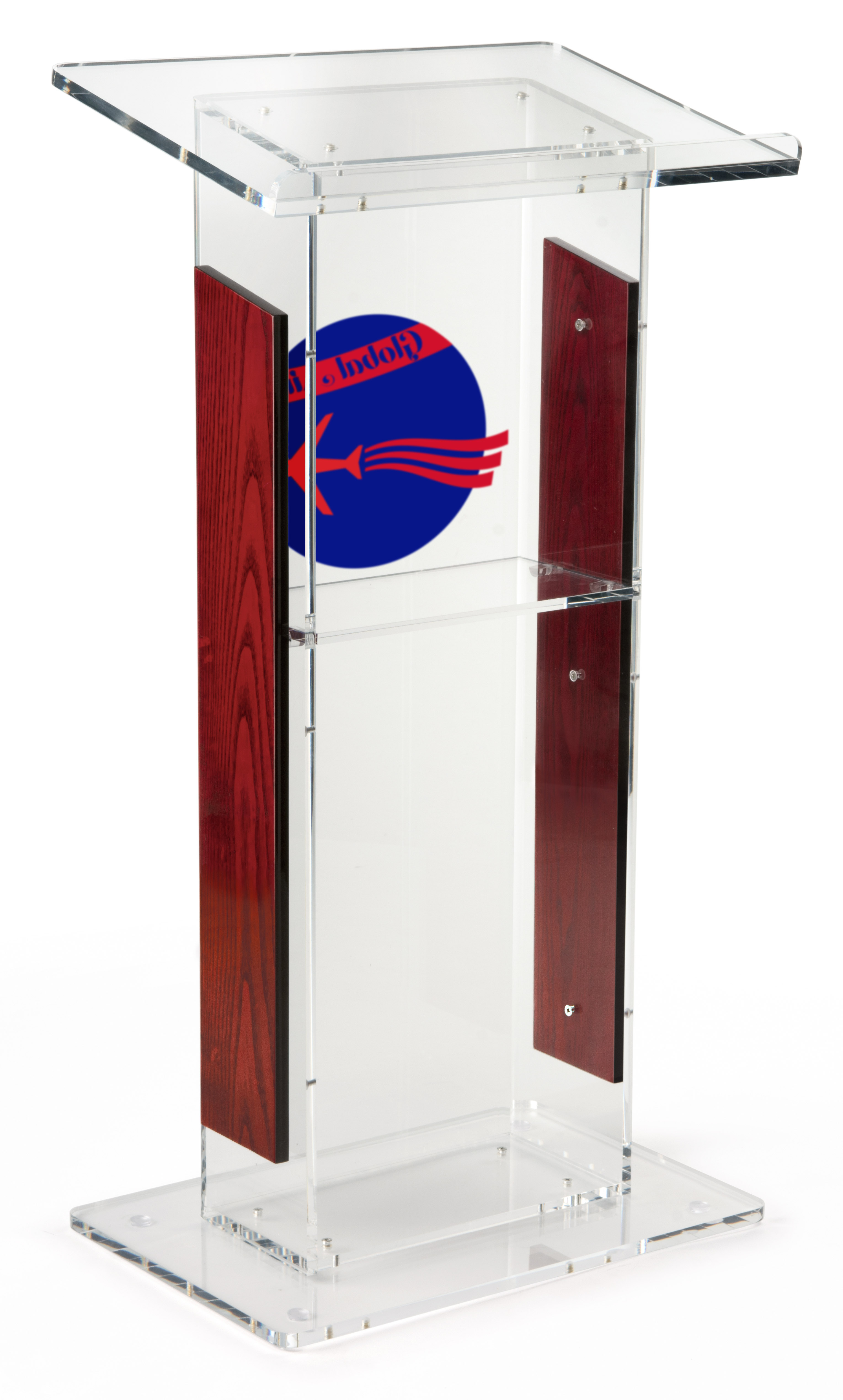 Clear Plexiglass Podium with Custom Graphic | Wood Paneling | Displays2Go