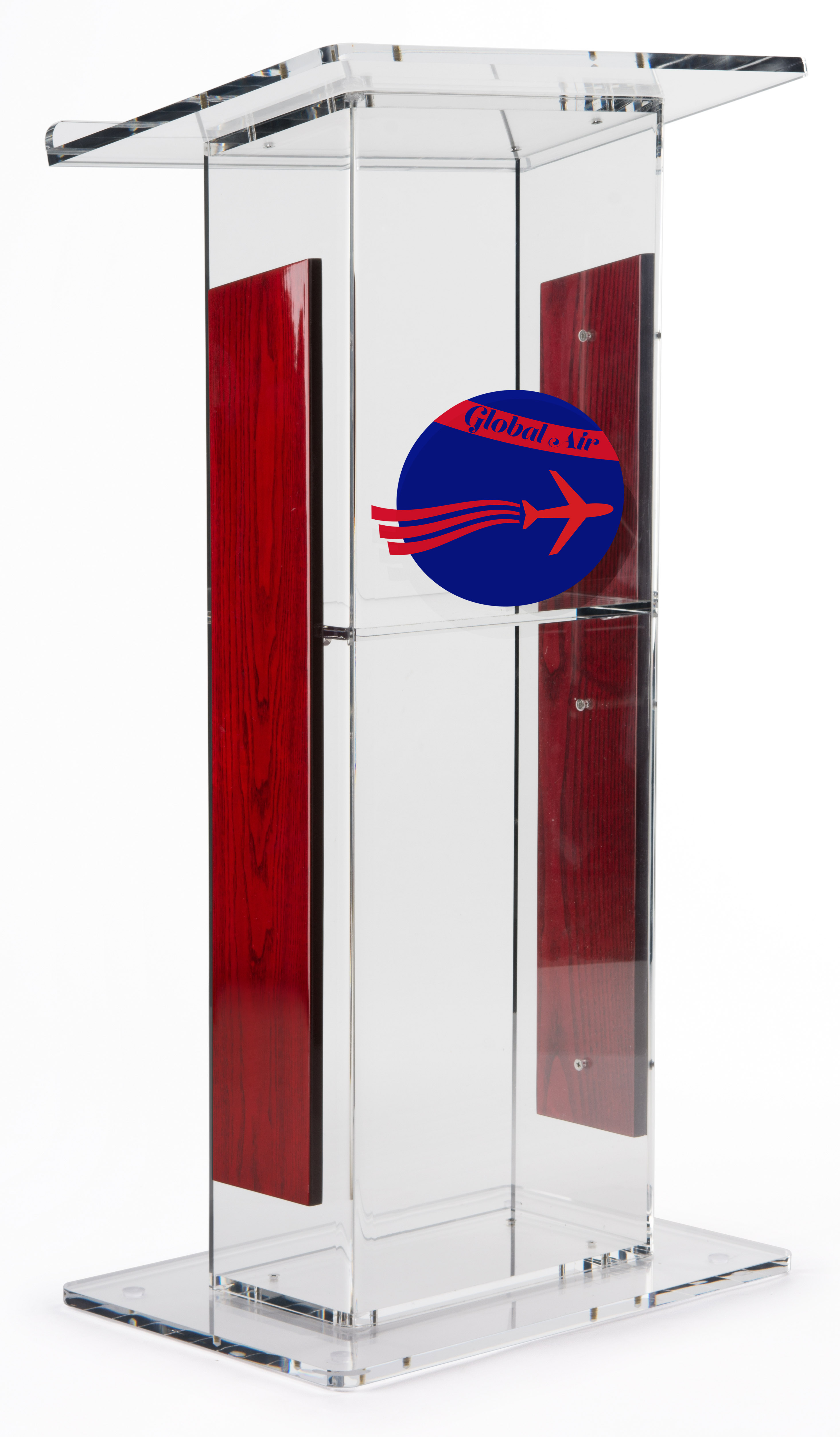 Clear Plexiglass Podium with Custom Graphic | Wood Paneling | Displays2Go