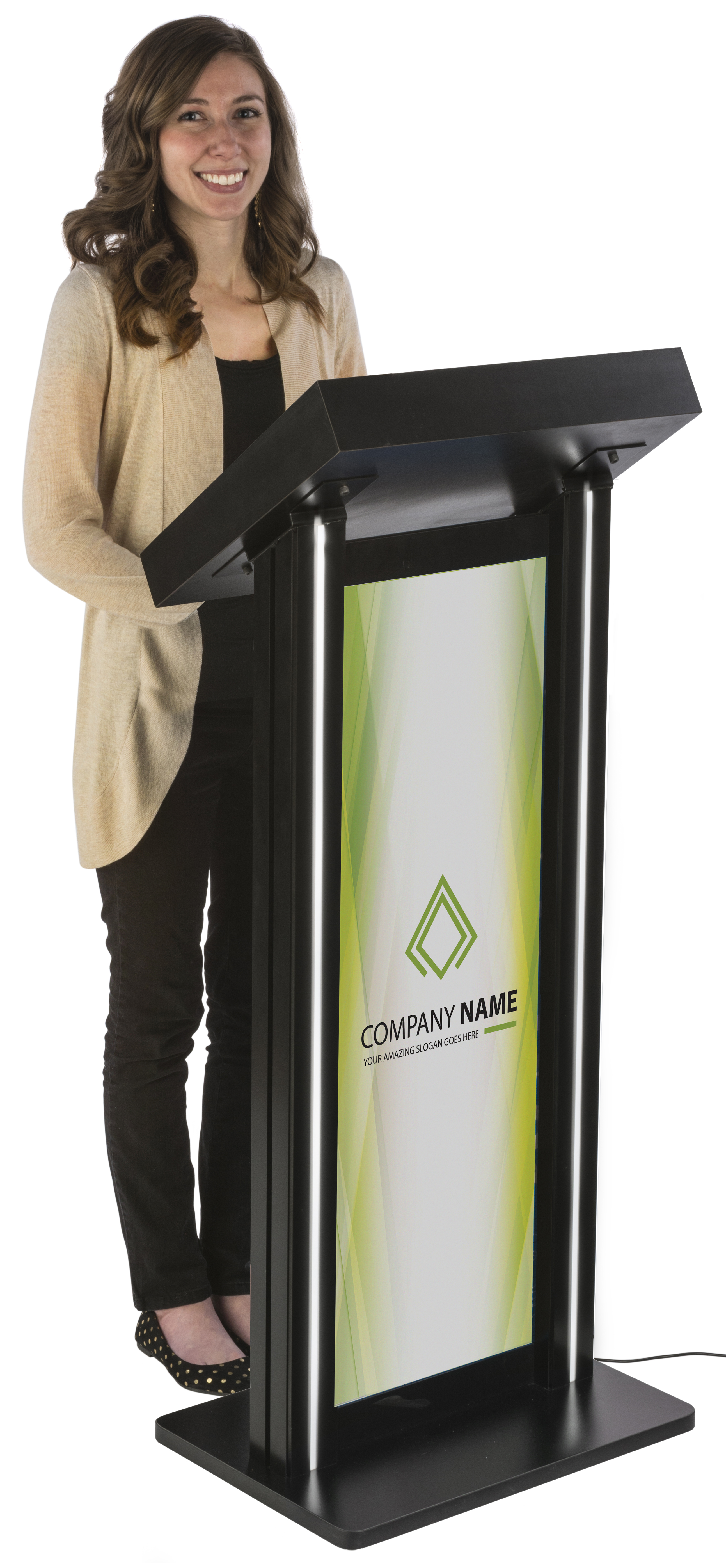 LED Podium with Graphic | Aluminum Trim with MDF Base & Top | Displays2Go