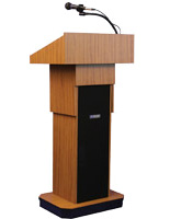 Adjustable Height Podium with Wheels | Medium Oak Finish