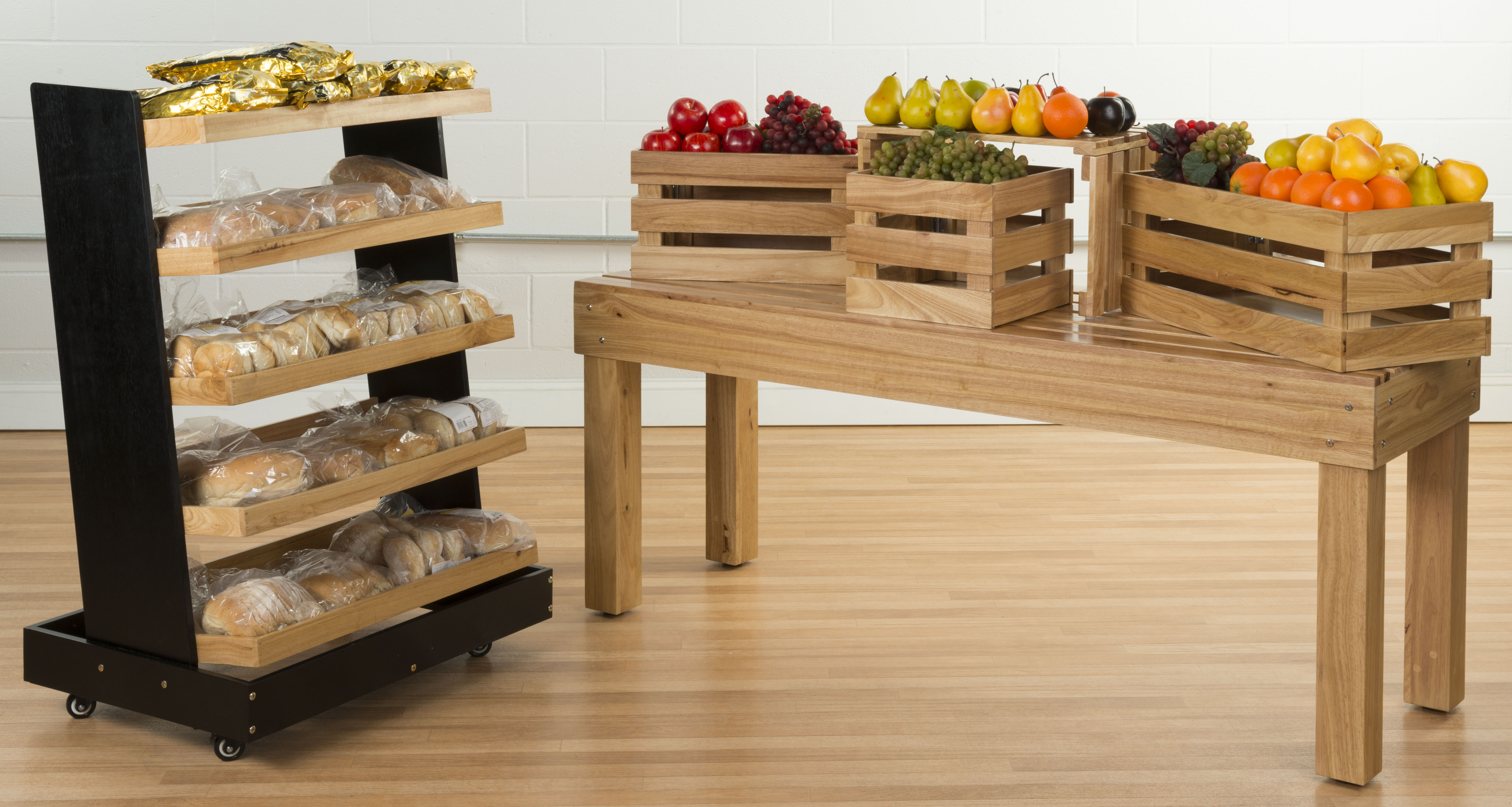 Produce Rack Display | Black Frame with Oak Shelves | Displays2Go