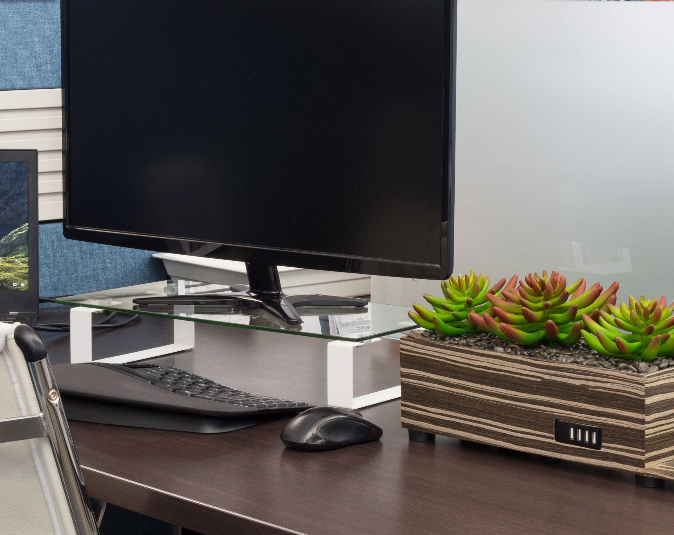 Glass Desktop Monitor Stand with Block Legs | White Base | Displays2Go