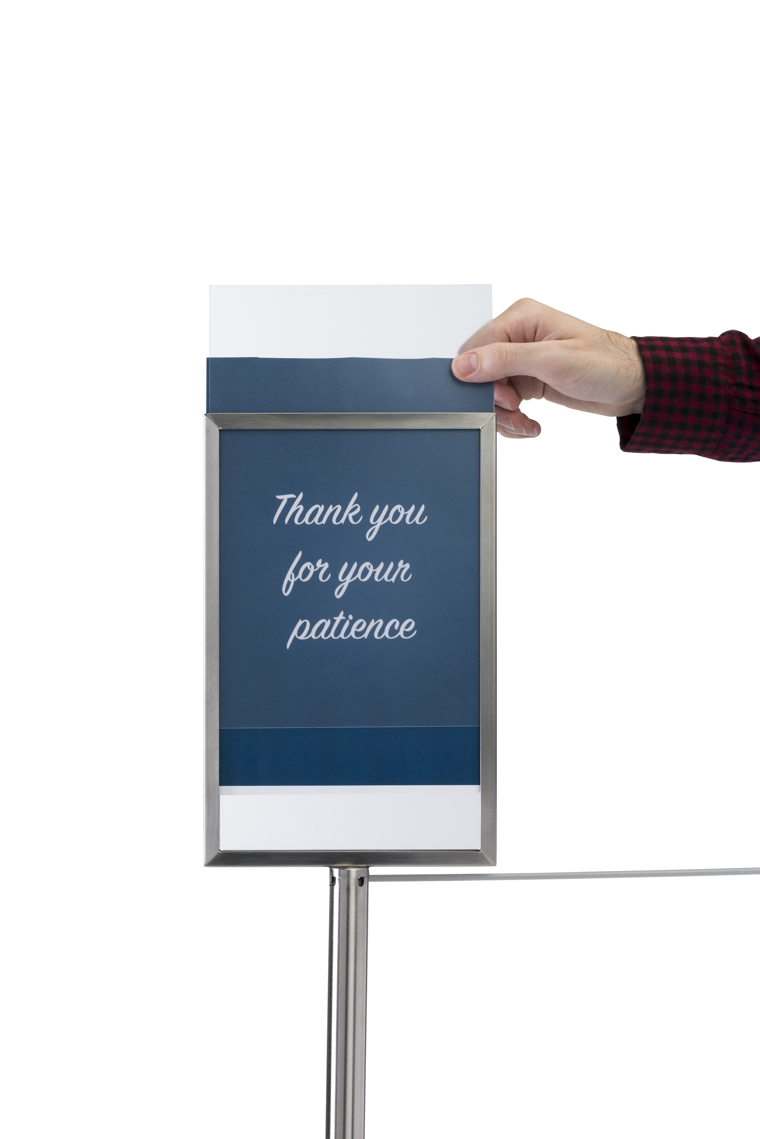 Exhibit Barrier Stanchion Sign Cap | 7 x 11 Silver Frame | Displays2Go