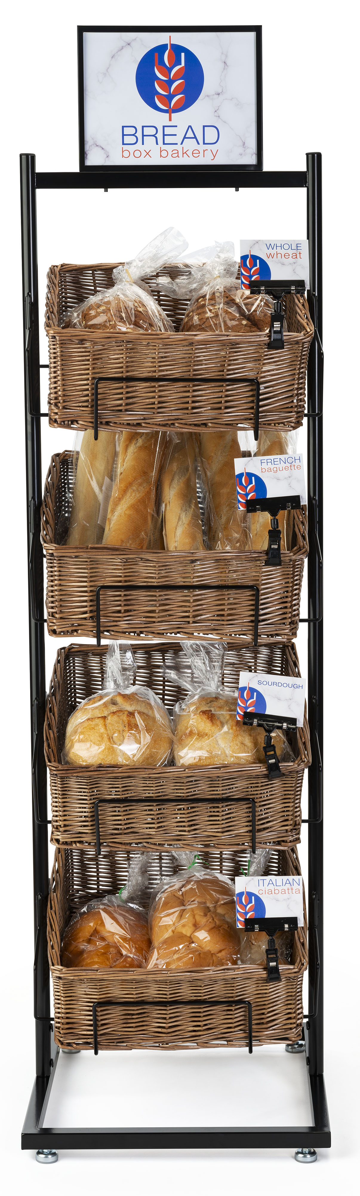 4 Tier Basket Floor Stand | Set of Four Wicker Baskets | Displays2Go