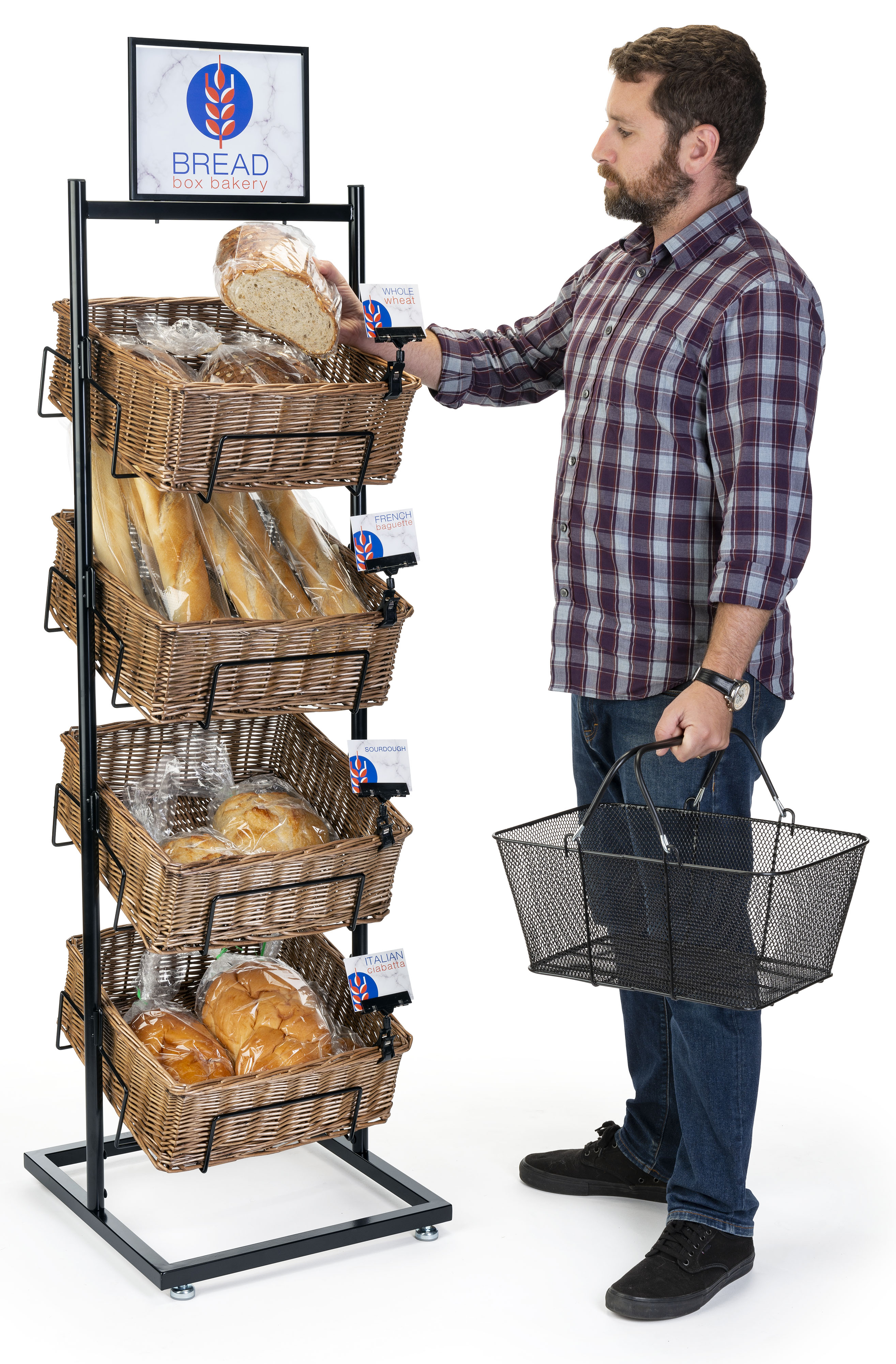 4 Tier Basket Floor Stand | Set of Four Wicker Baskets | Displays2Go