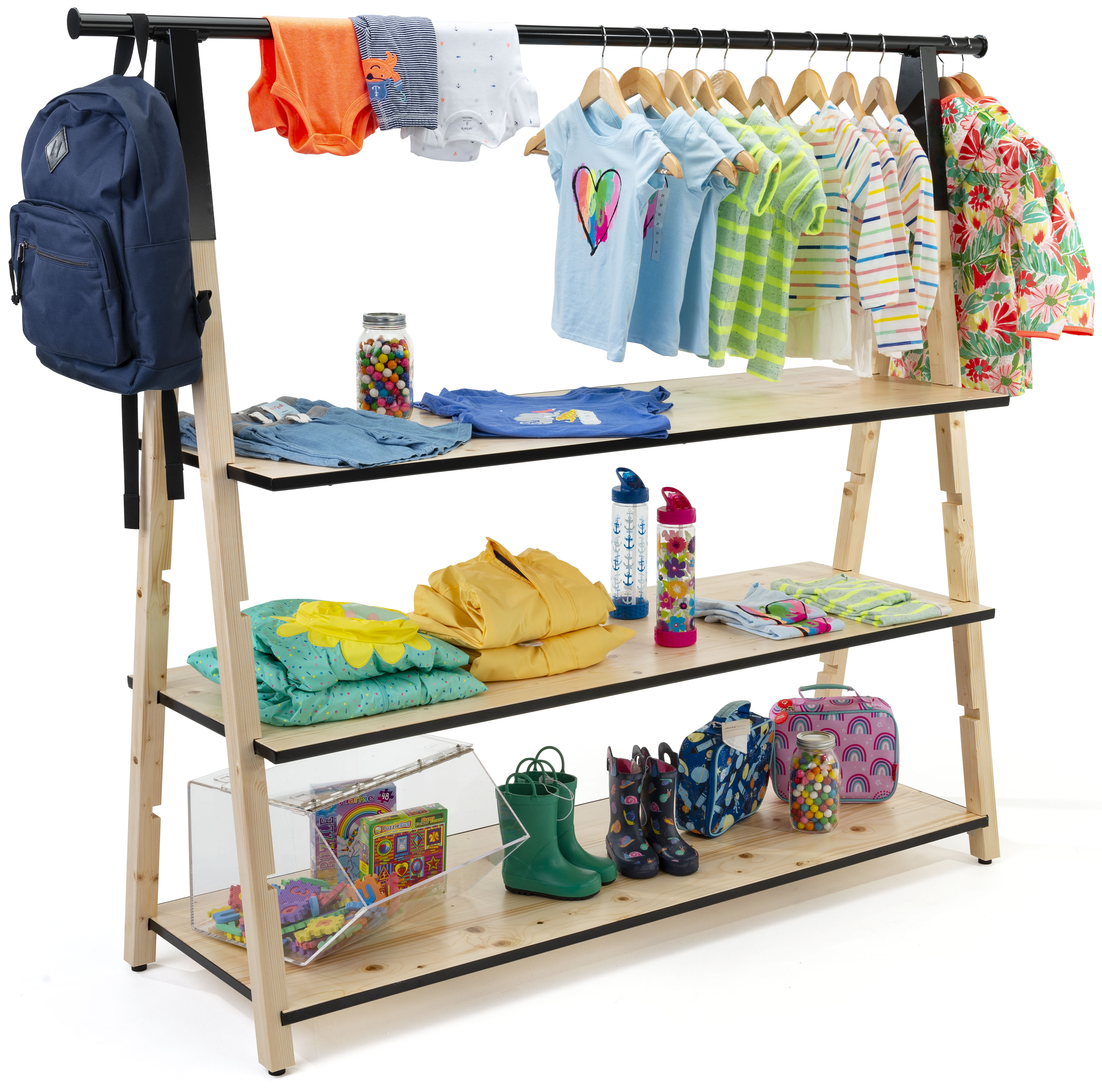 Wooden A Frame Clothing Rack with Base Shelves | Adjustable Tiers ...