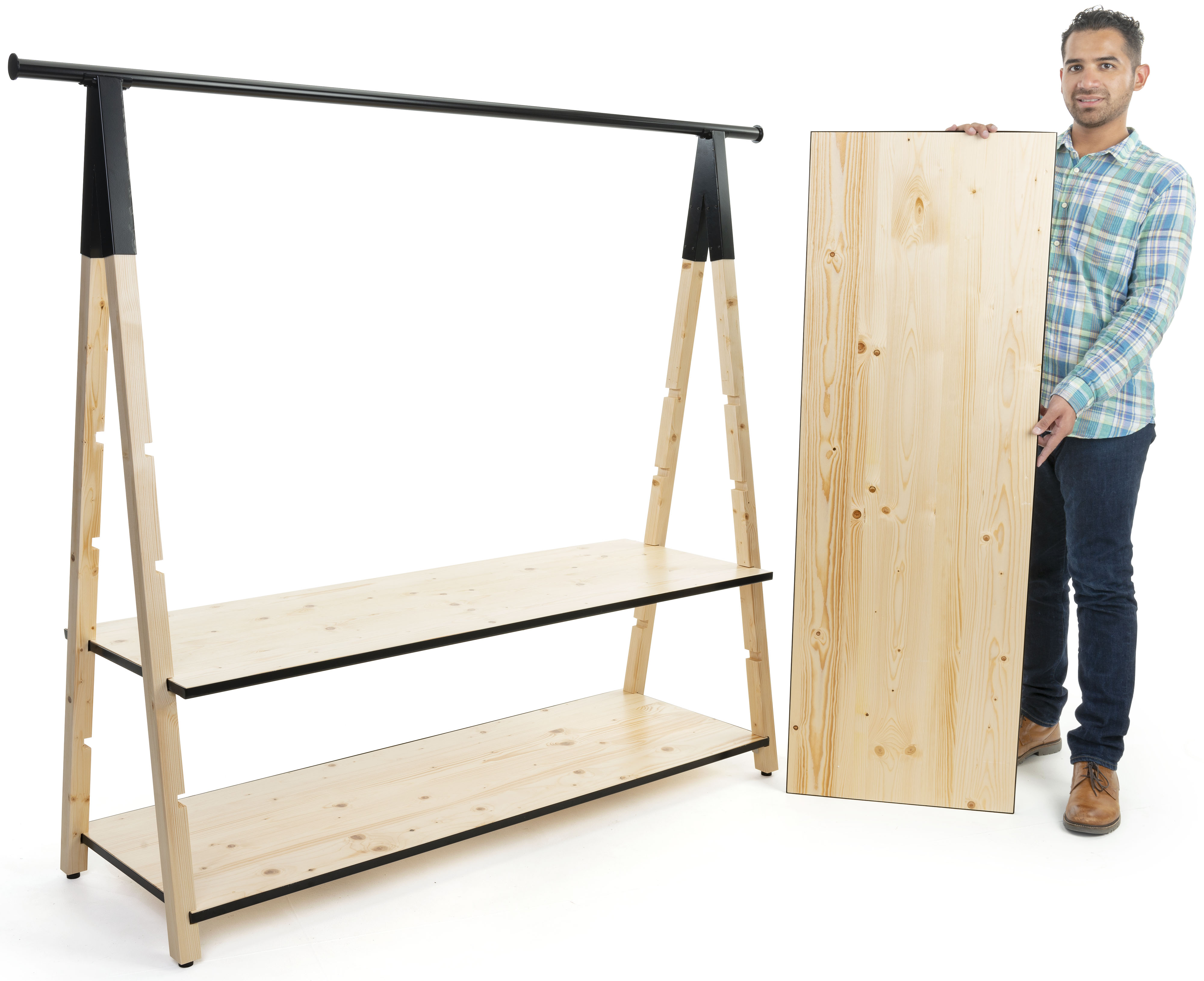 Wooden A Frame Clothing Rack with Base Shelves | Adjustable Tiers ...