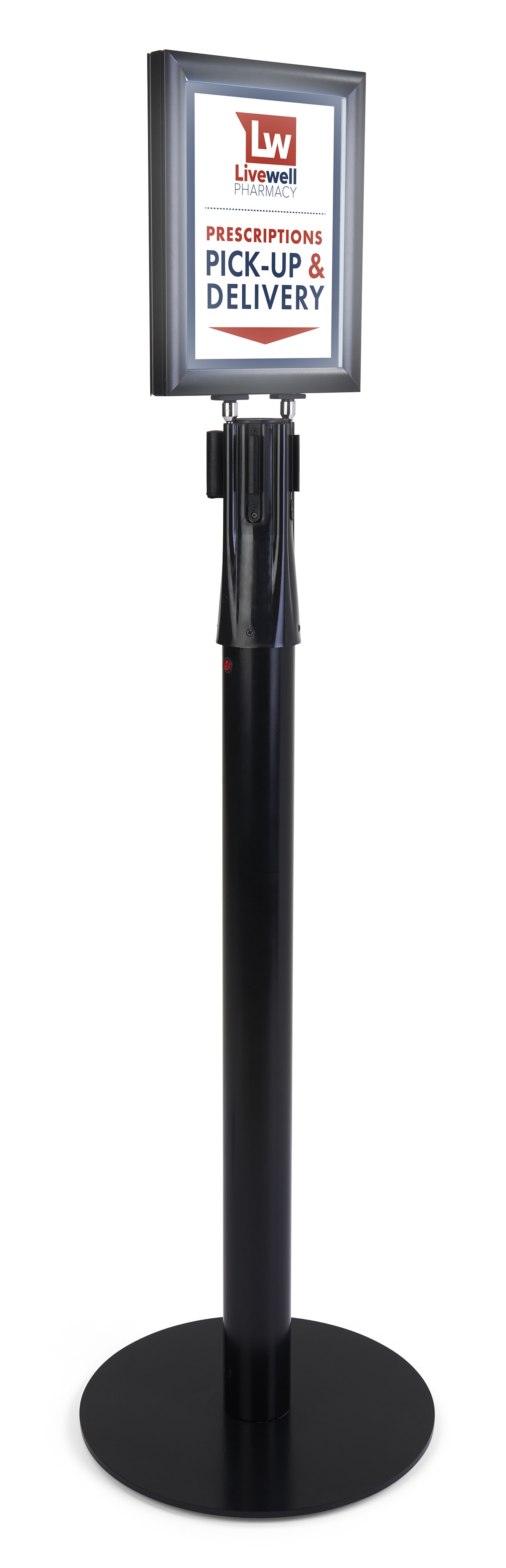 Stanchion with LED Sign Holder | Retractable 6.5 Foot Belt | Displays2Go