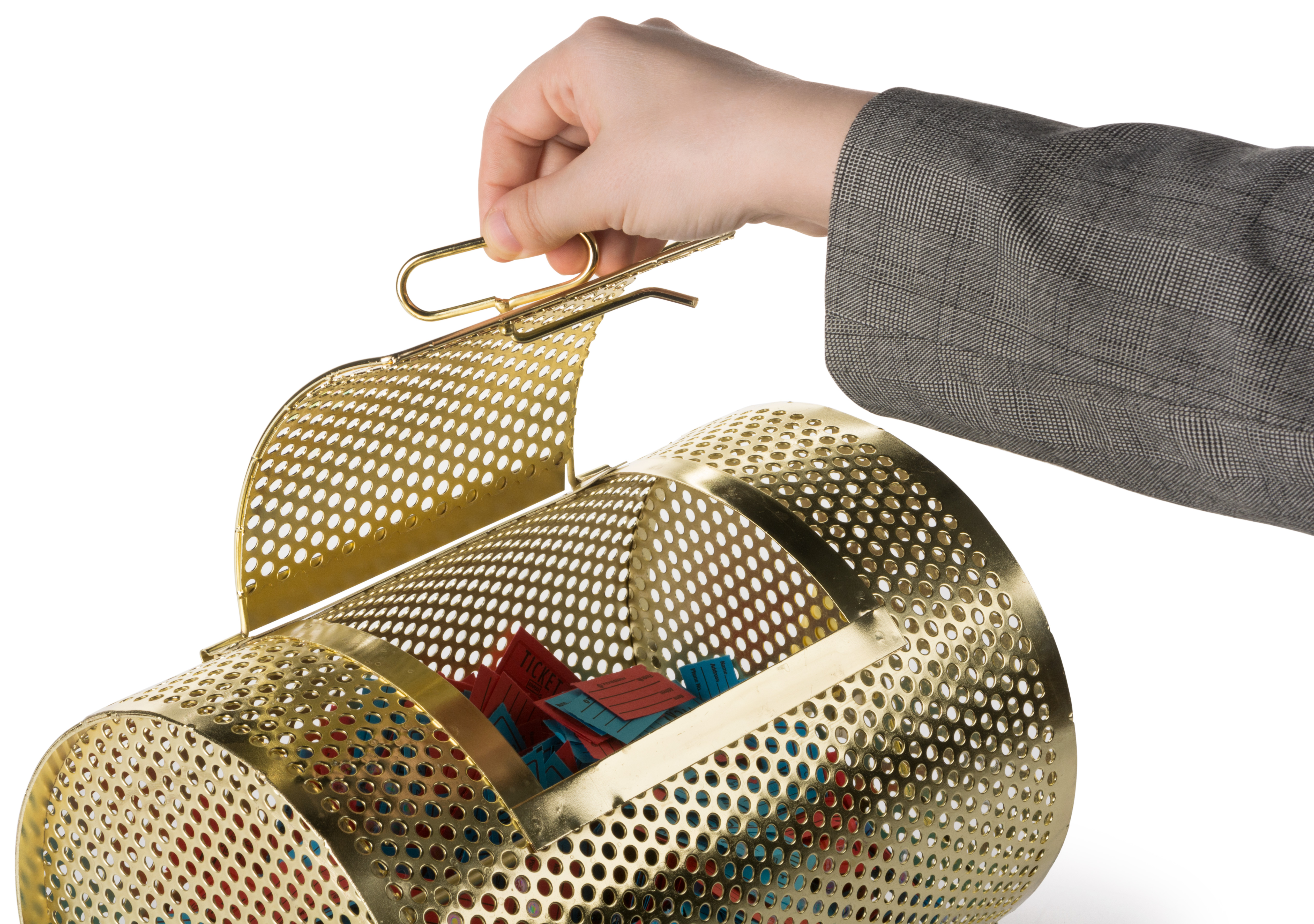 Brass Raffle Ticket Tumbler| Spinning Drum with Handle | Displays2Go