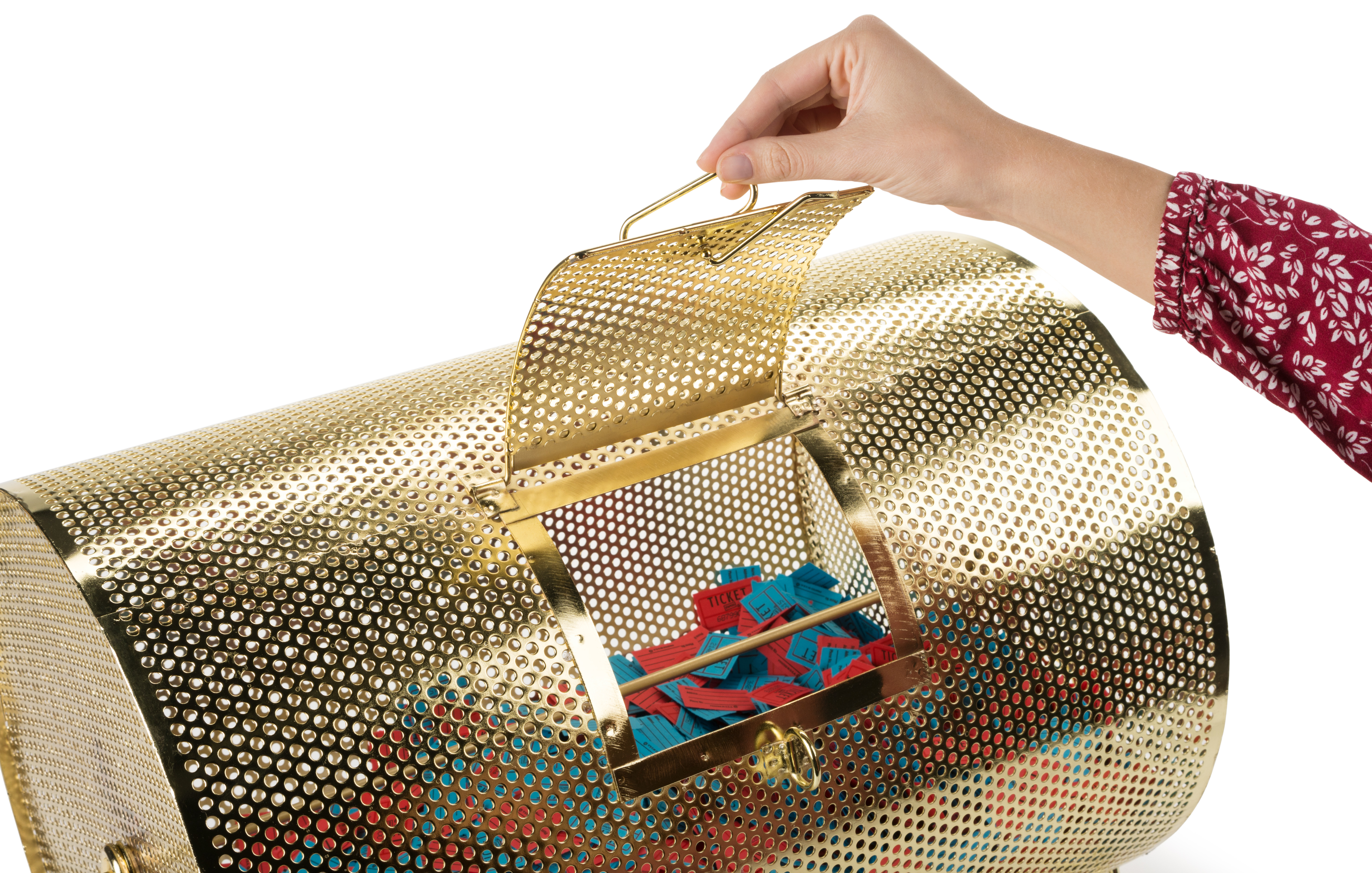 Brass Raffle Drum | Countertop Stand - Wood Handle | Displays2Go