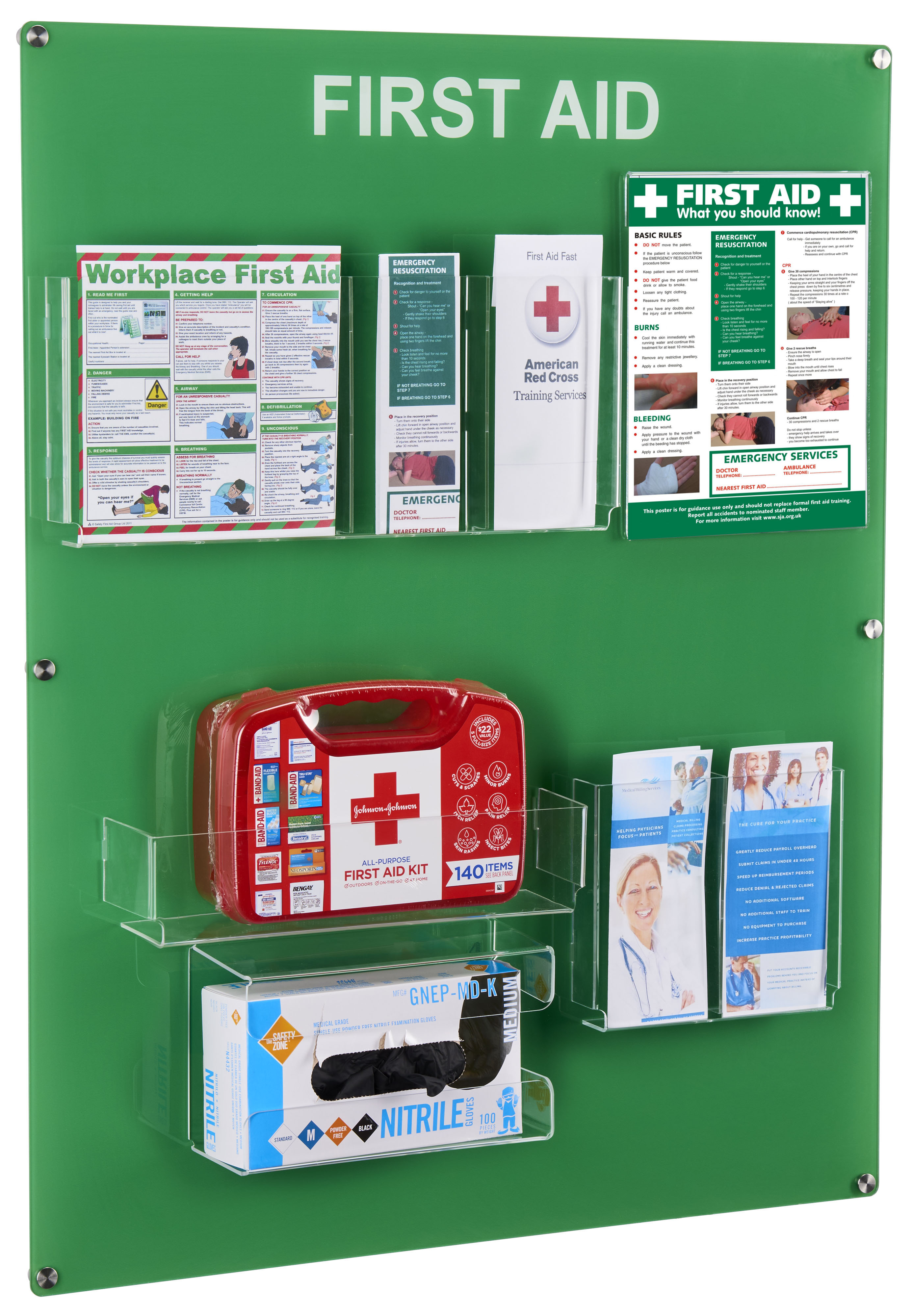 Wall-Mounted First Aid Station | Kit Shelf & Pamphlet Holders | Displays2Go