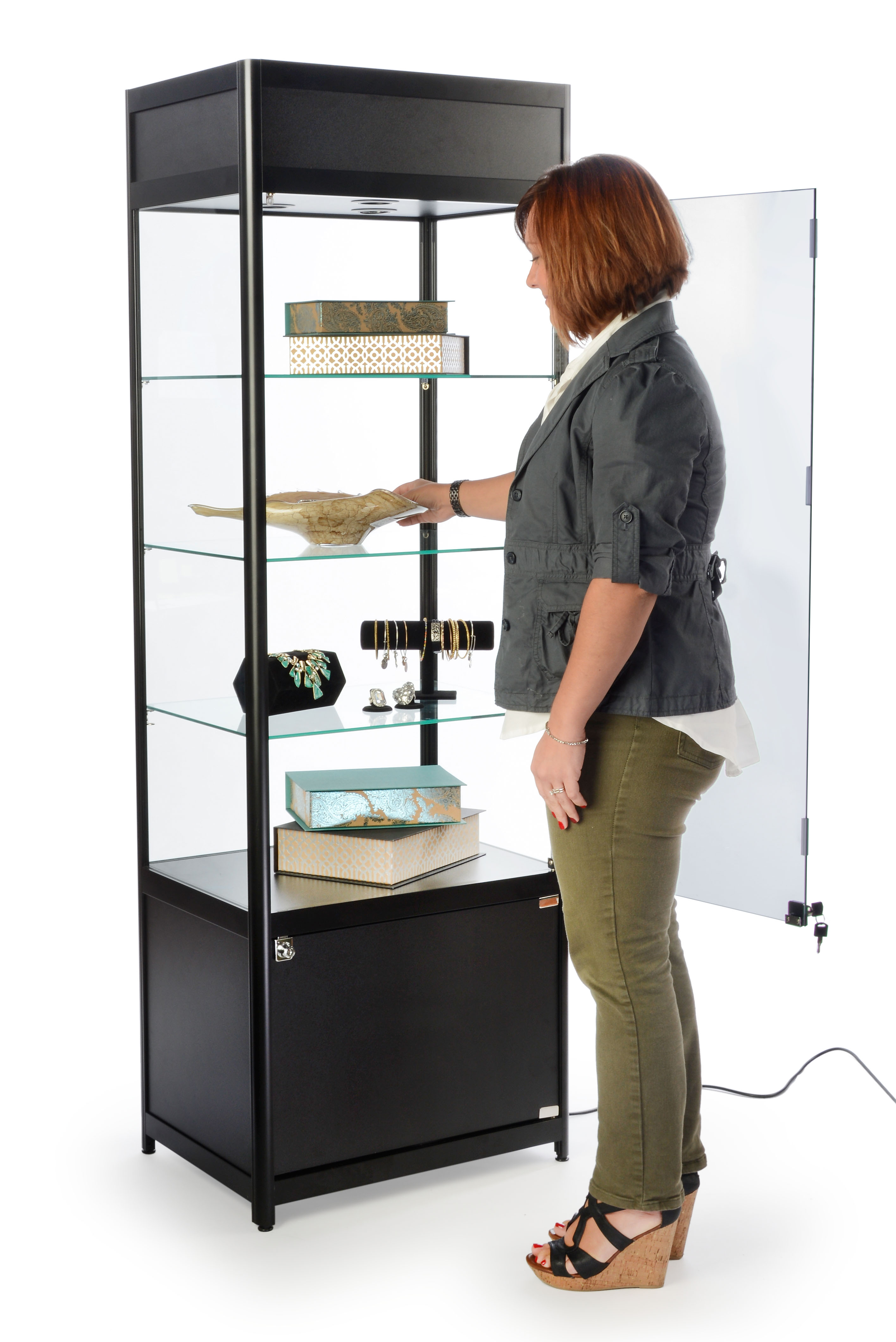 Knock Down Tower Display Case | 3 Top Lights & Base Storage | Displays2Go