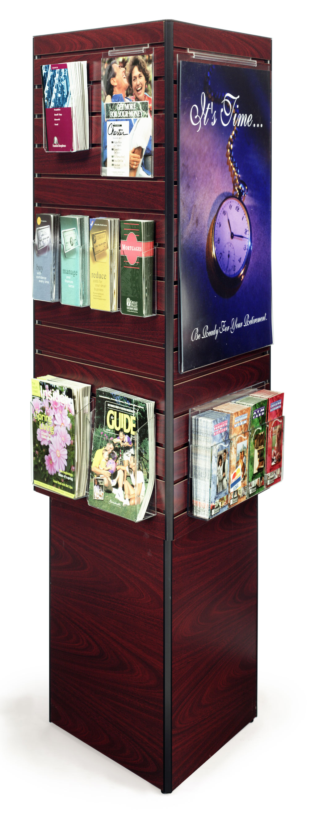 Red Mahogany Slatwall Display Kiosk | Custom Header Display | Displays2Go