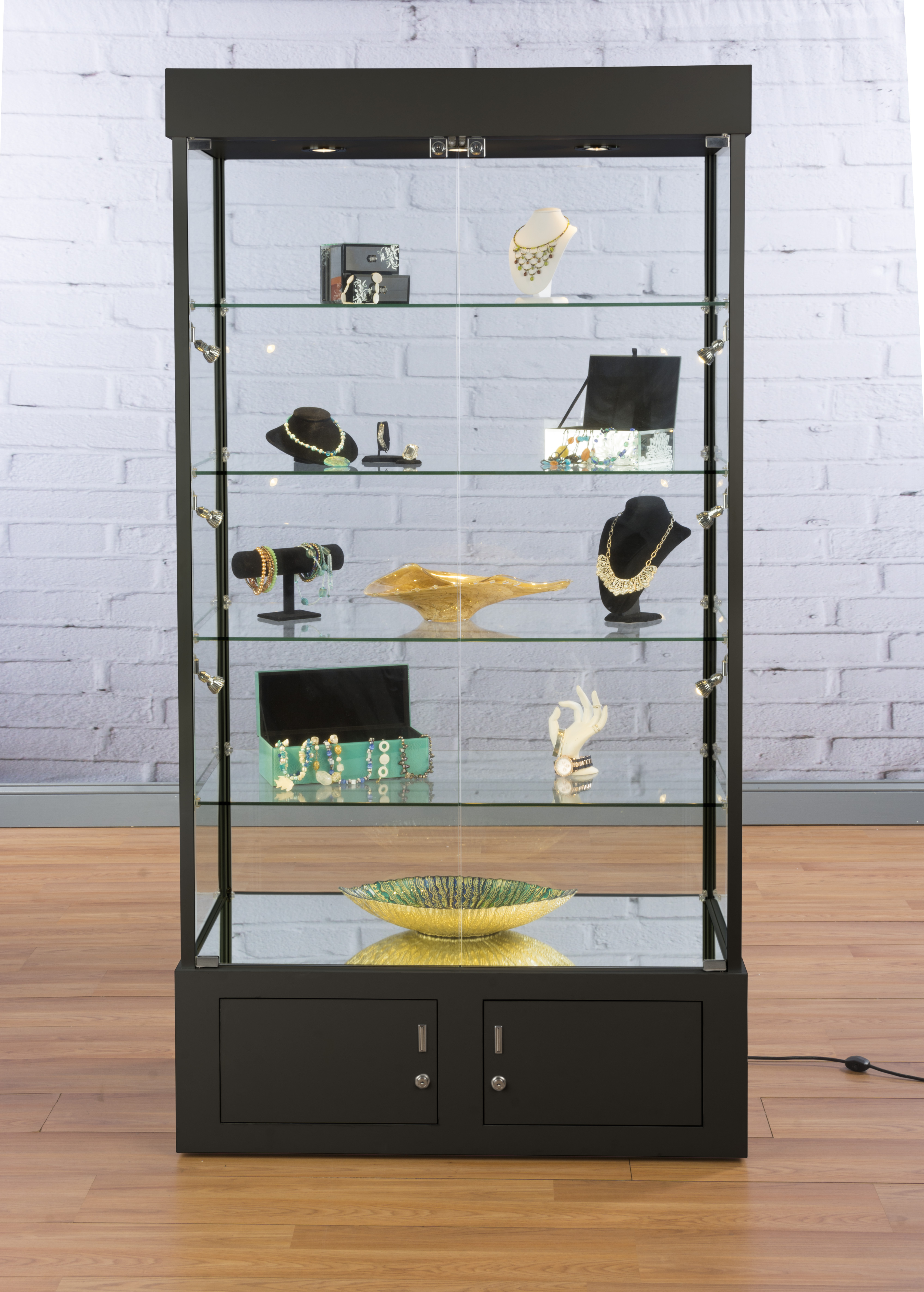 Black Display Case with Mirrored Bottom | Bottom Storage | Displays2Go