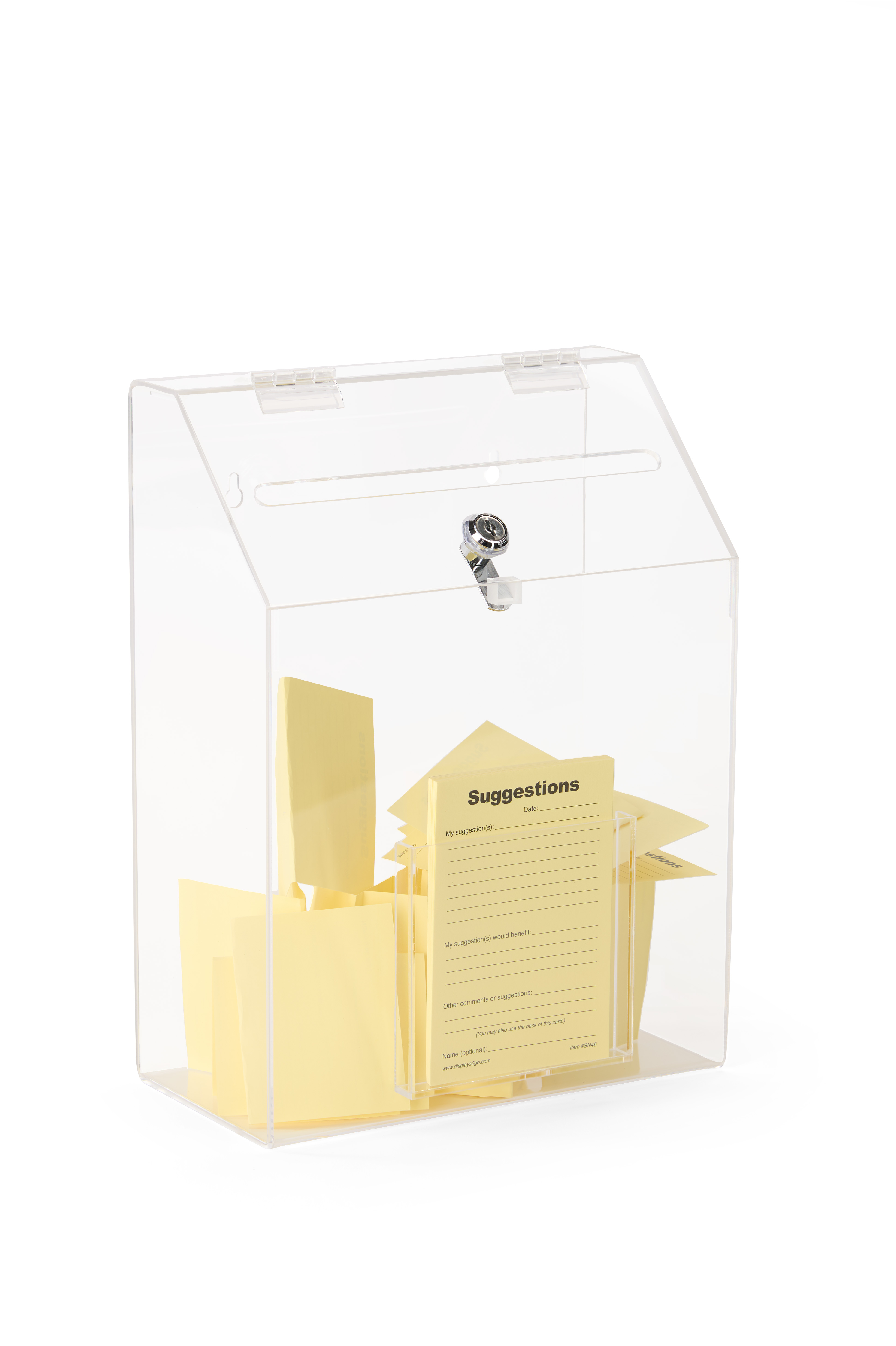 Clear Acrylic Suggestion Box | Locking, Hinged Lid | Displays2Go