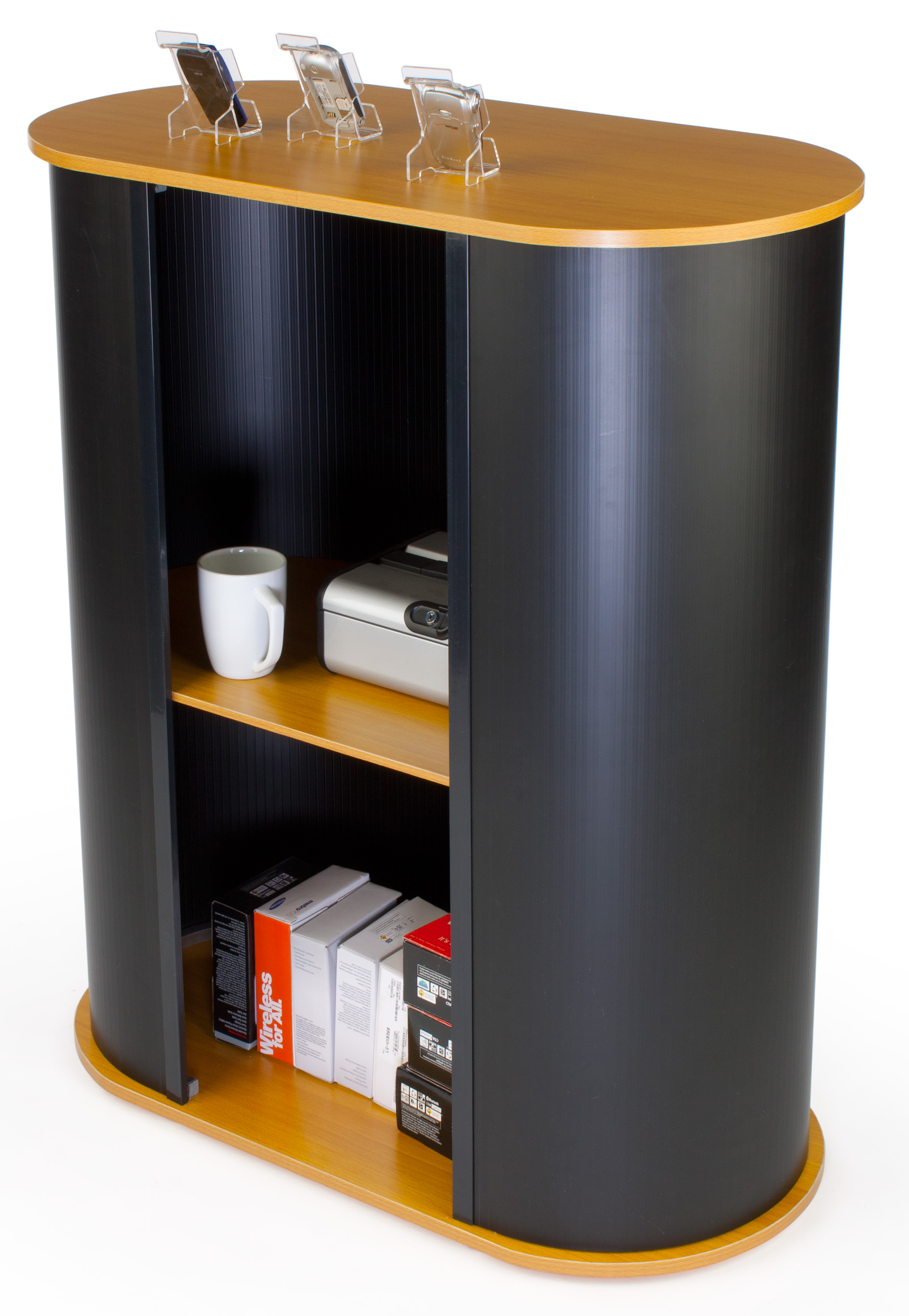 Exhibit Counter | Black Promotional Stand with Wood Grain Top | Displays2Go