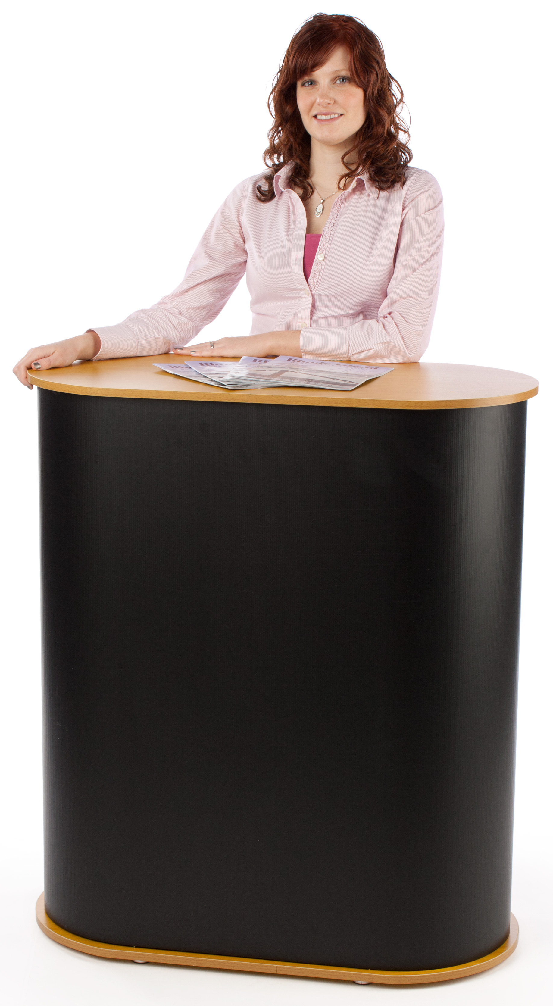 Exhibit Counter | Black Promotional Stand with Wood Grain Top | Displays2Go